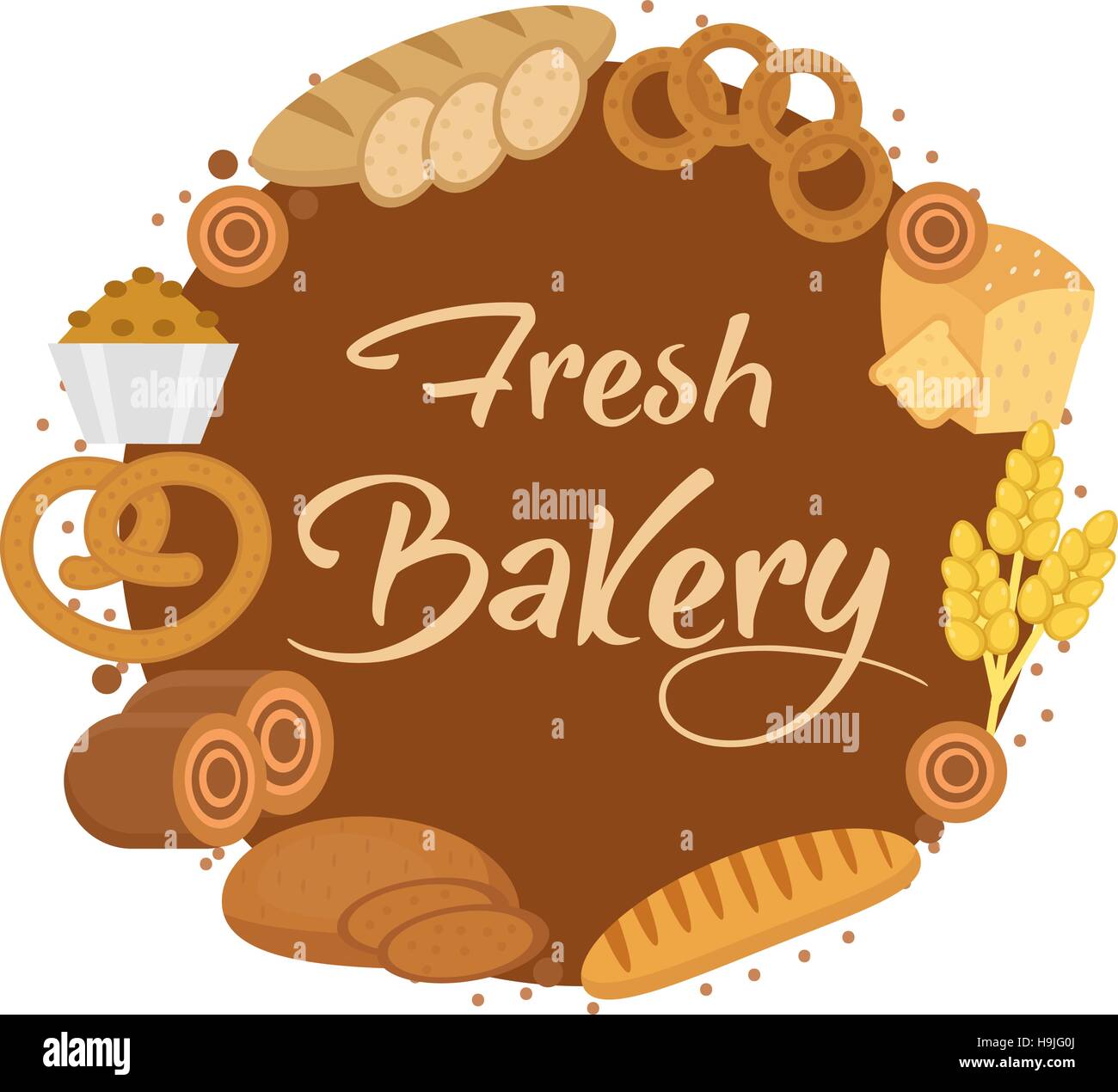 Bakery products frame, flat style. Set of different bread in a round ...