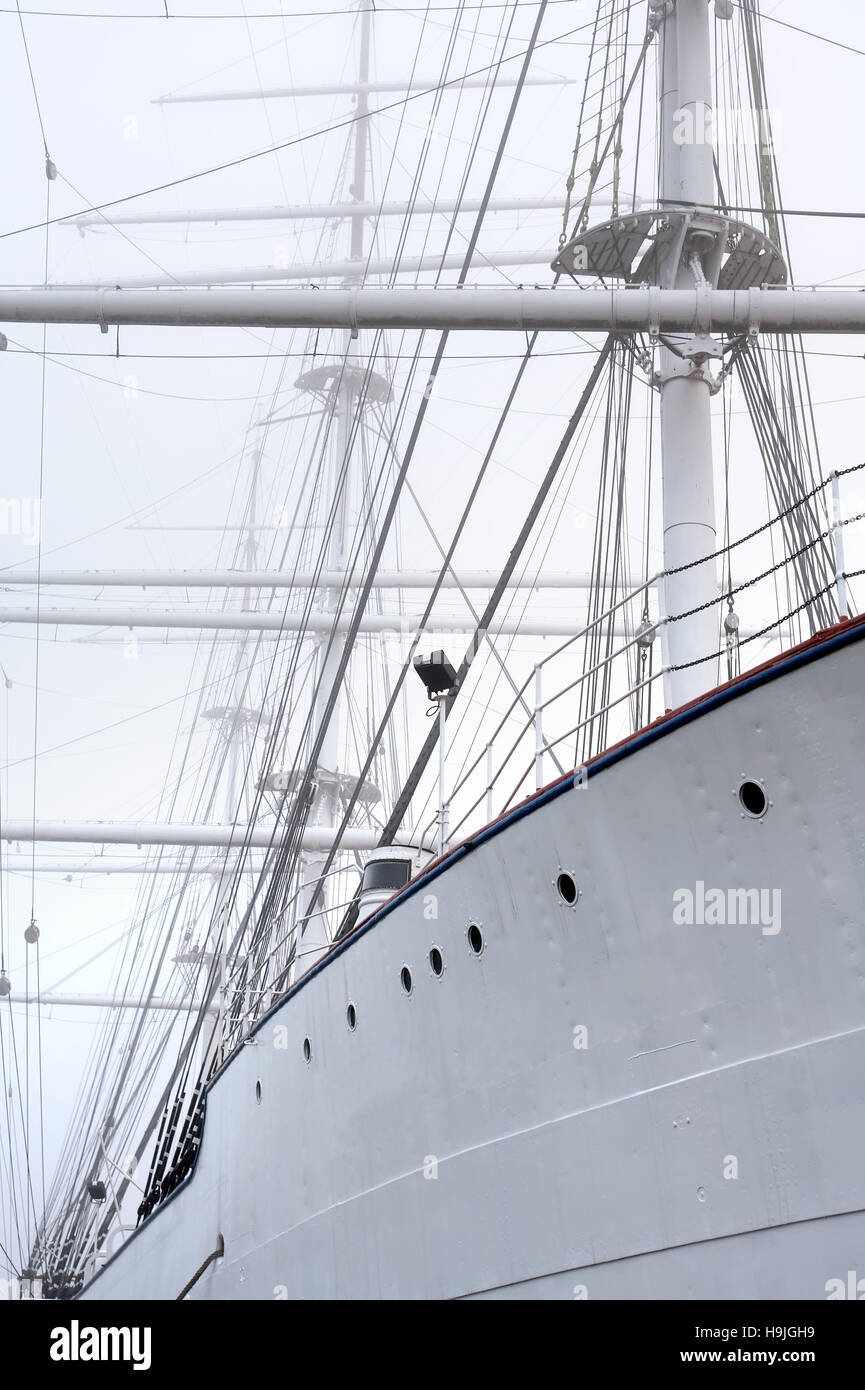 Big white sailing ship closeup in morning fog Stock Photo - Alamy