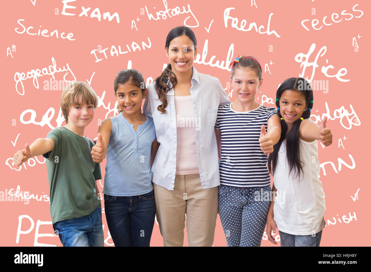Composite image of cute pupils and teacher smiling at camera in ...