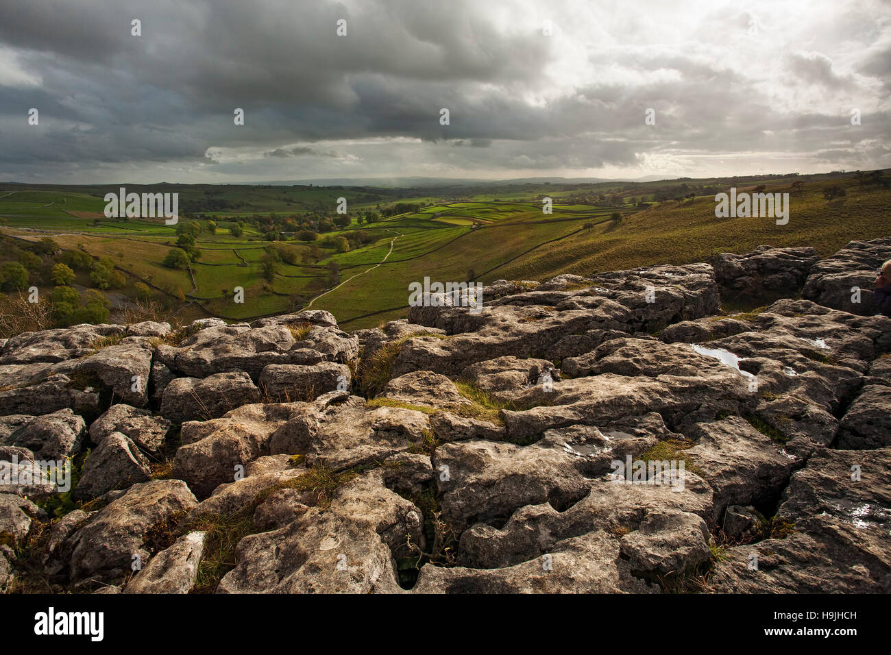 View from Malham Cove limestone pavement, Malham, Yorkshire Dales ...