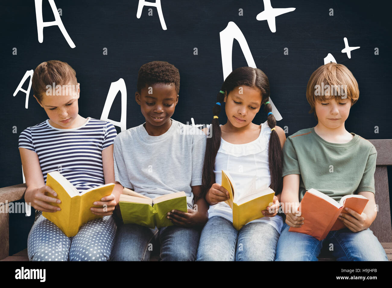 Composite image of children reading books at park Stock Photo - Alamy