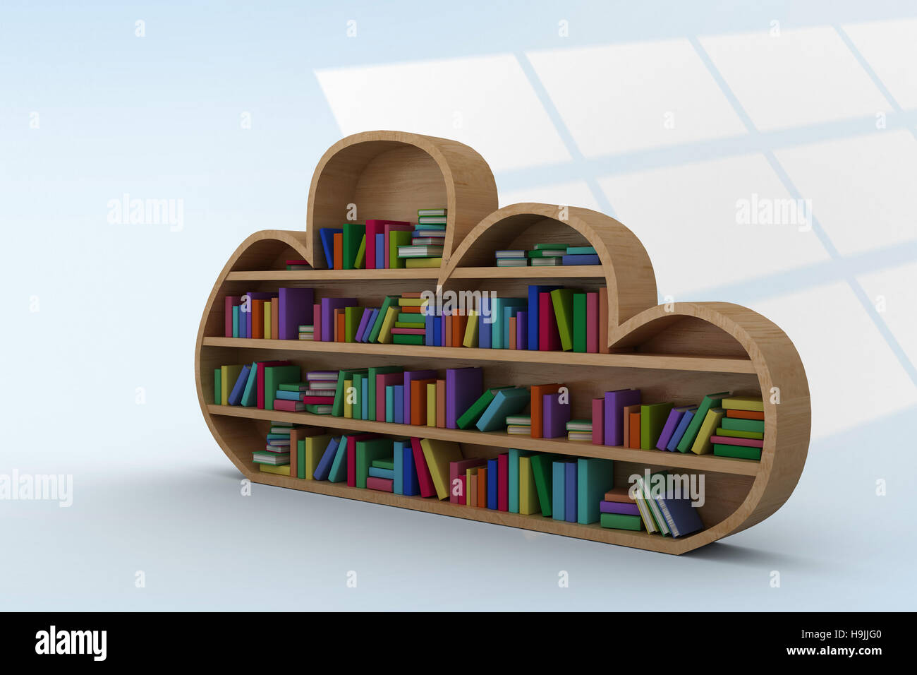 Composite image of colorful books arranged on cloud shape bookshelves ...