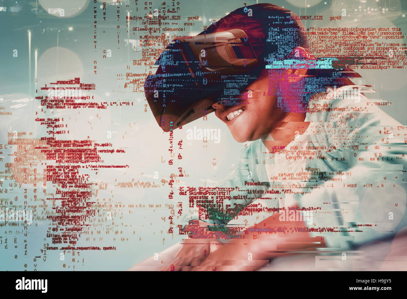 Composite image of girl using virtual reality simulator Stock Photo - Alamy