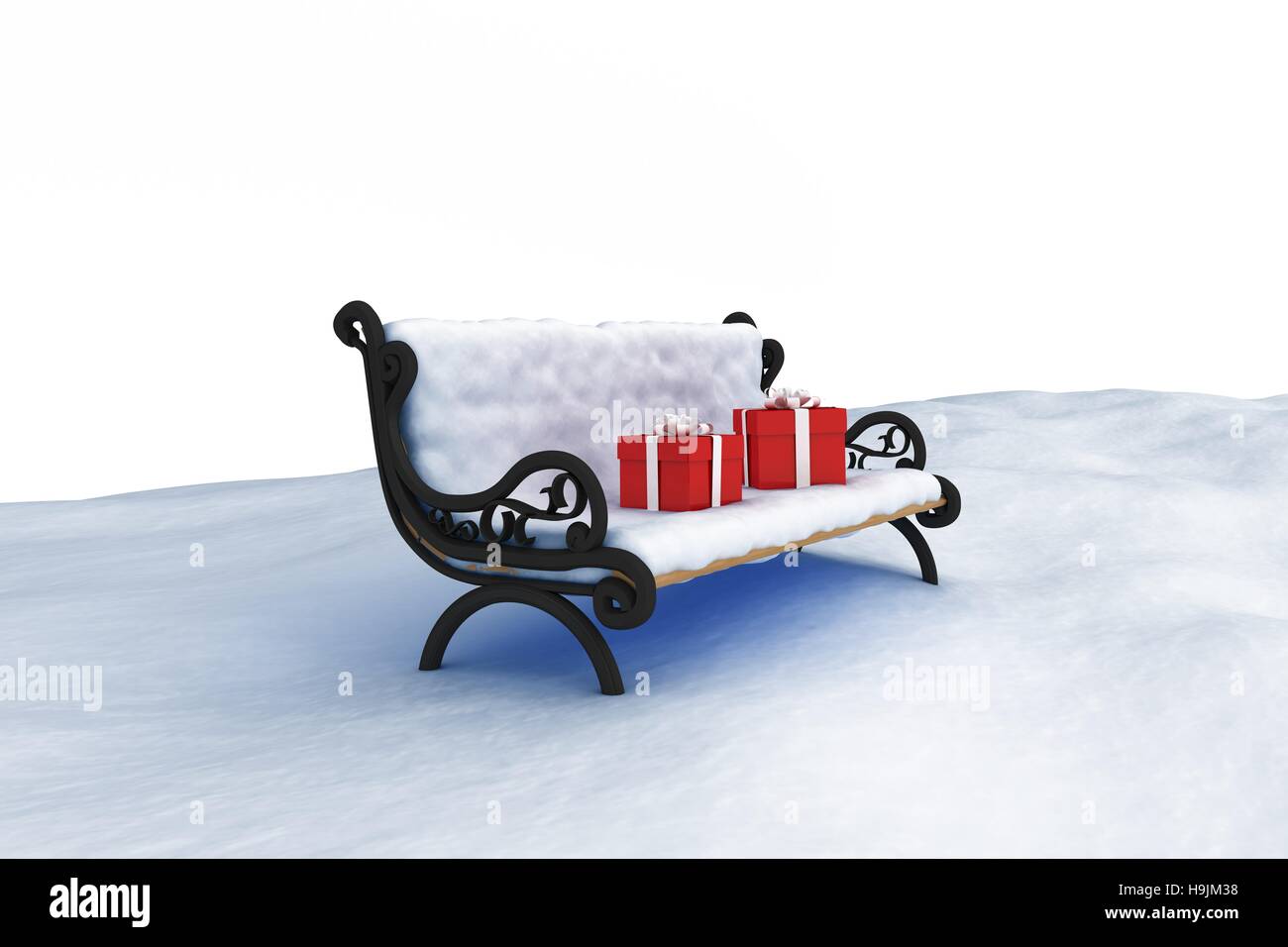 Digitally composite image of gift boxes on park bench Stock Photo - Alamy