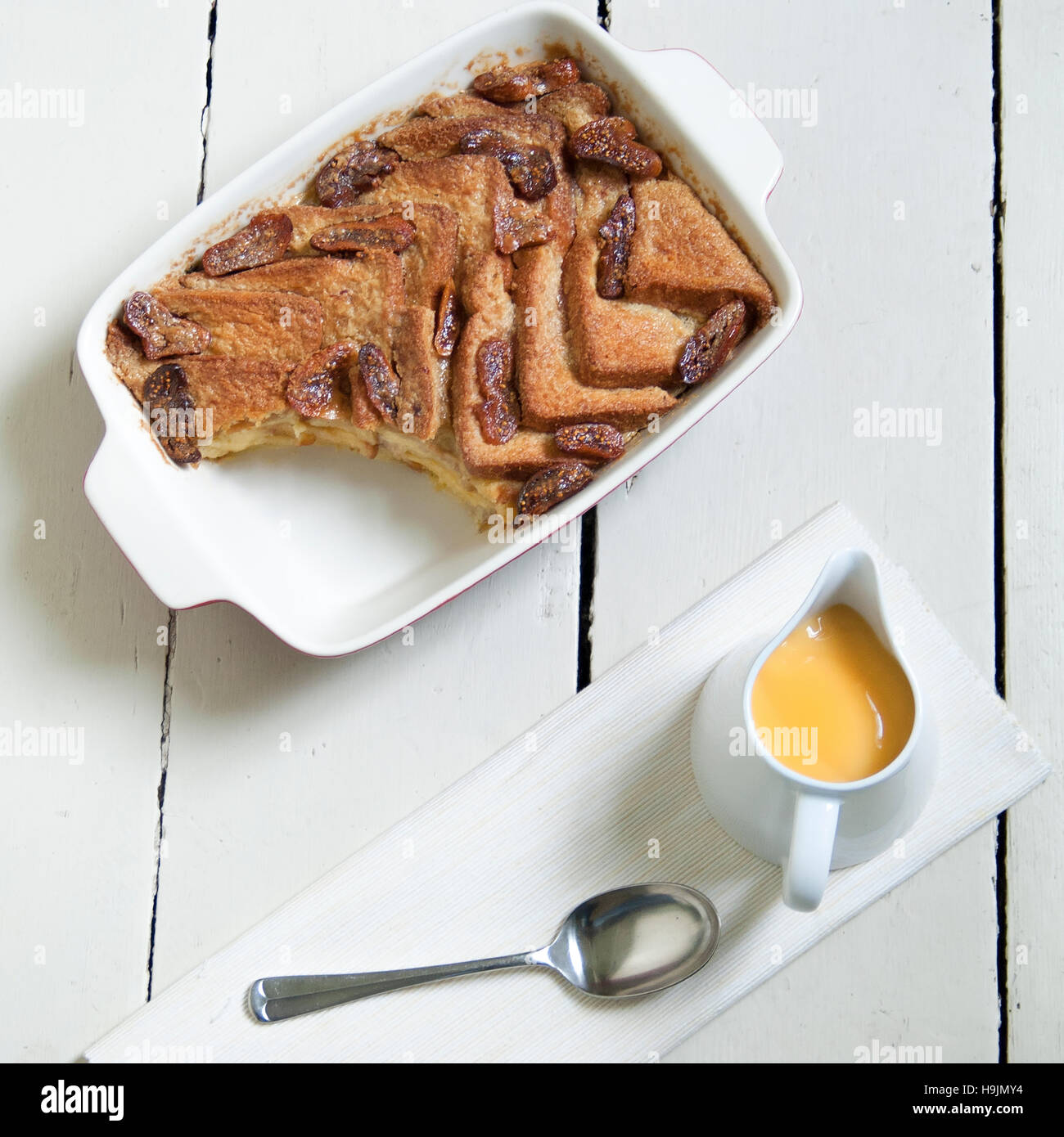 Bread and Butter Pudding with Custard Bird's Eye View Stock Photo - Alamy