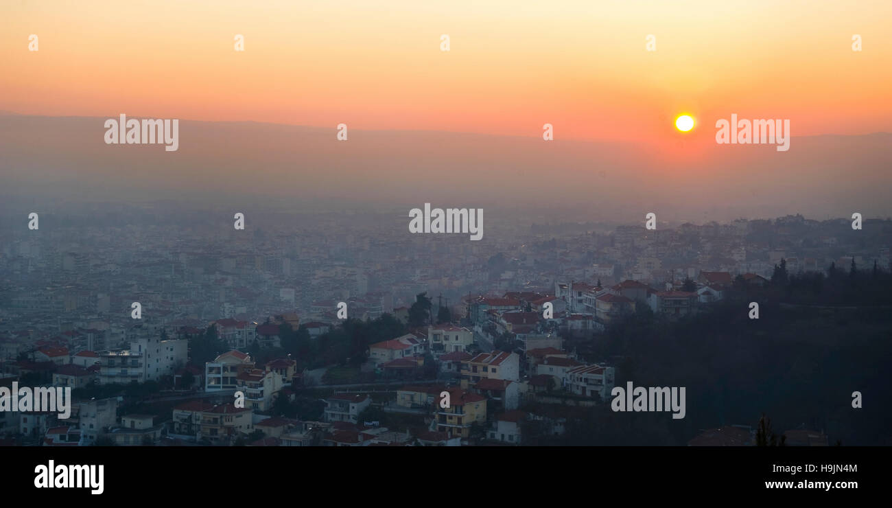 Sunset over Northern Greek Town and Countryside Stock Photo - Alamy