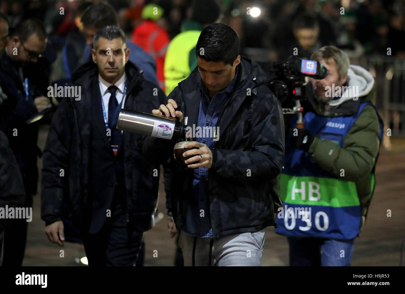 Barcelona's Luis Suarez arrives before the UEFA Champions League match ...