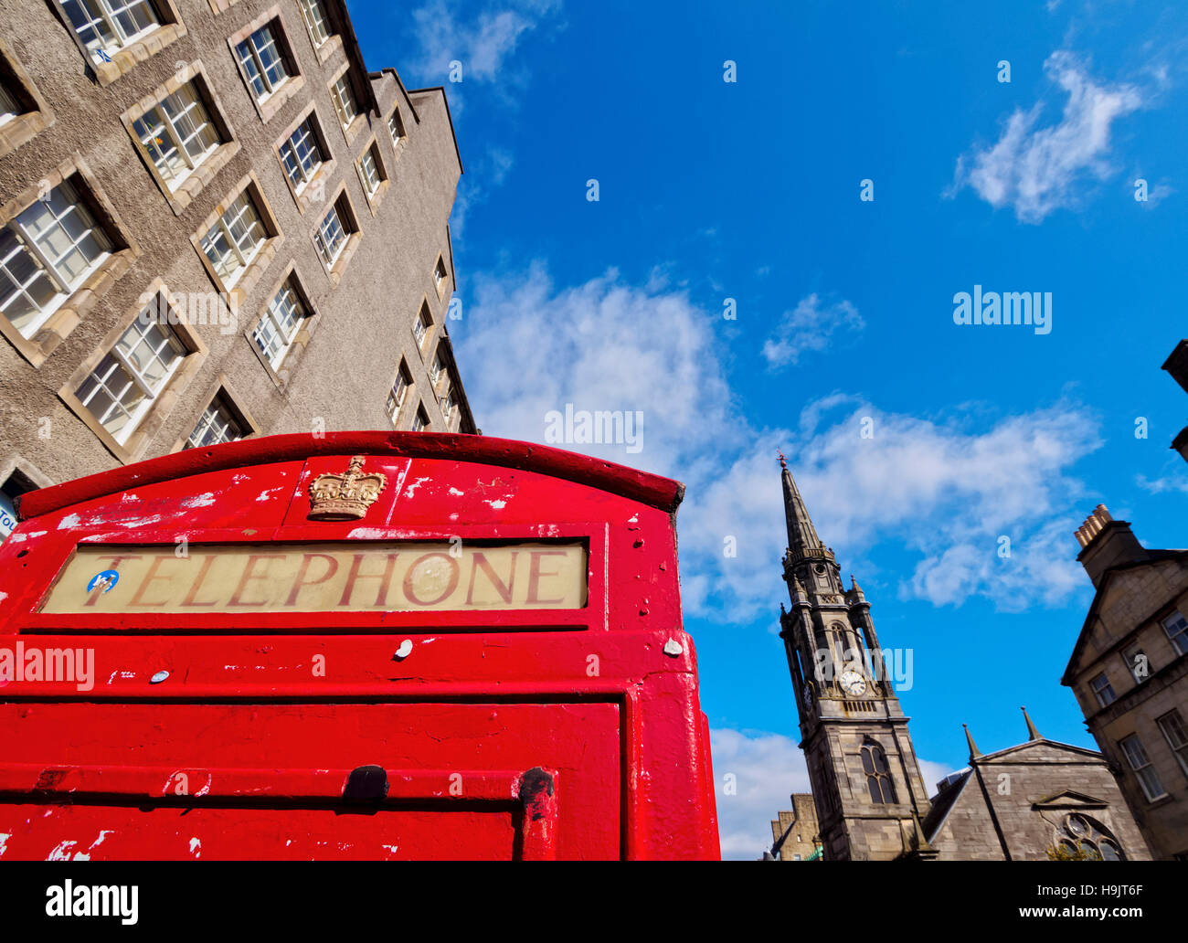 UK, Scotland, Edinburgh, Royal Mile, View of the Red Telephone Box and ...