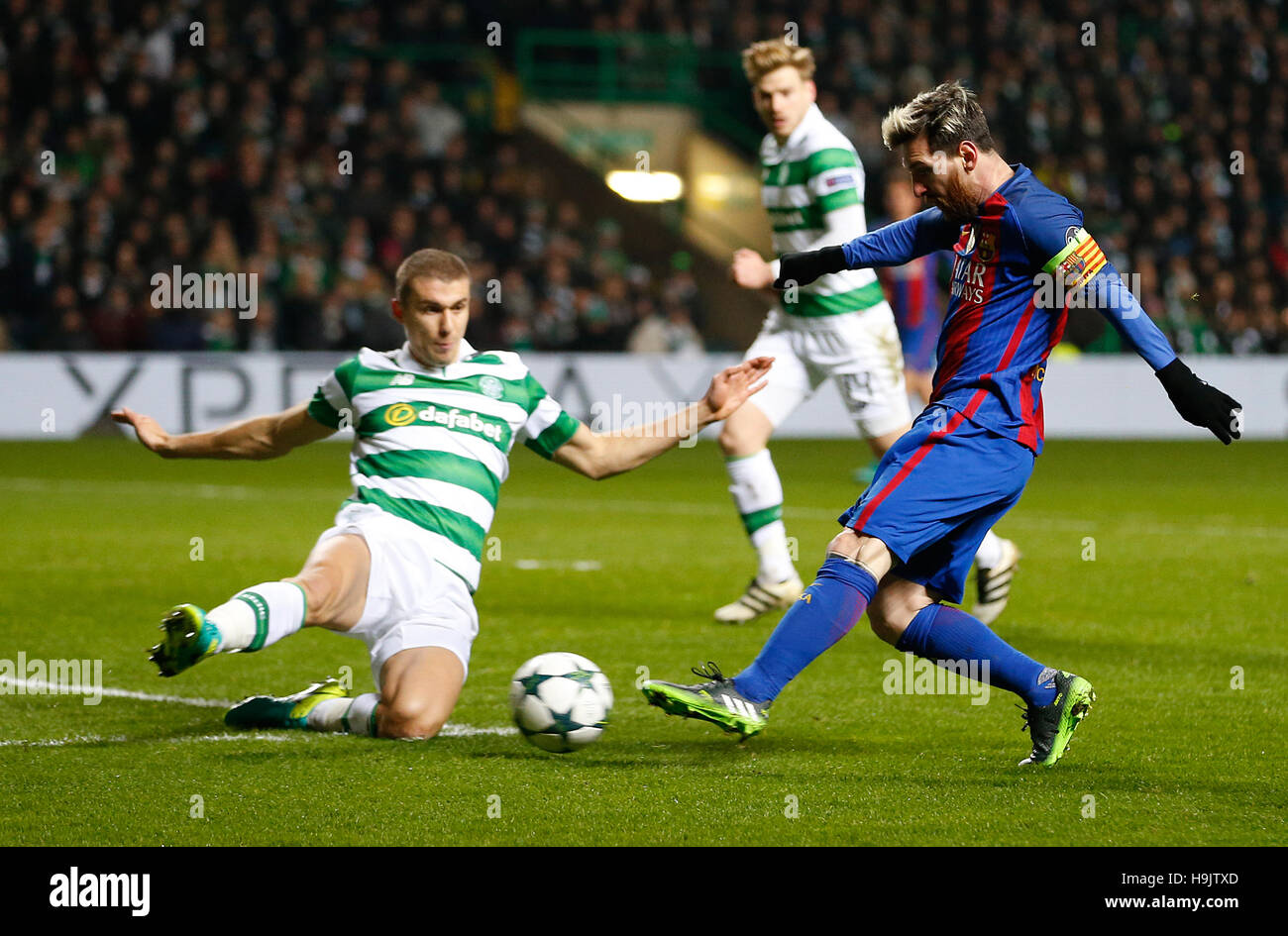 Barcelona's Lionel Messi has a shot during the UEFA Champions League ...