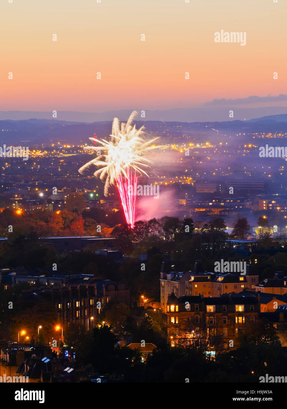 UK, Scotland, Edinburgh, Fireworks over the Morningside Neighbourhood ...