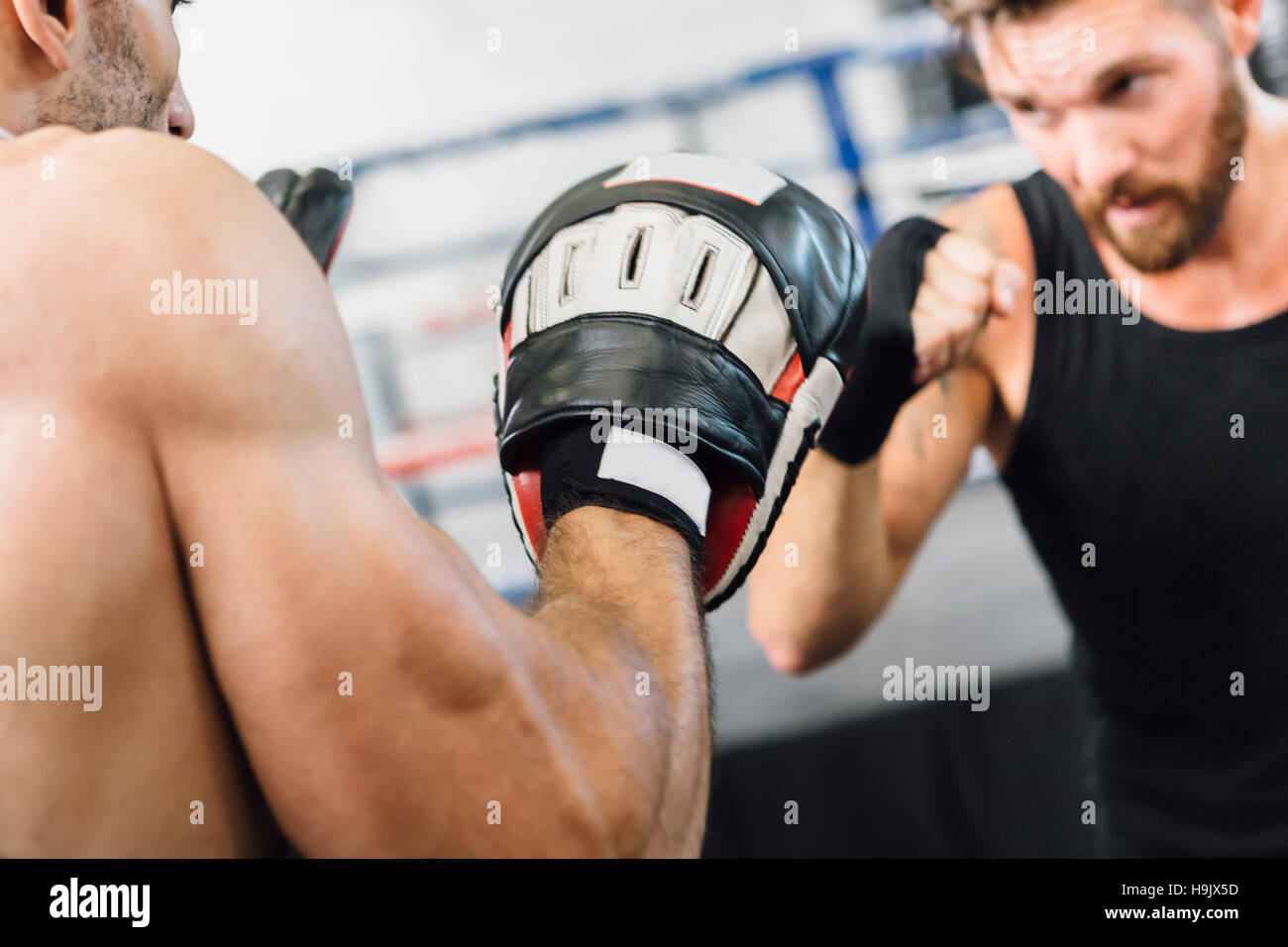 Boxer sparring with coach Stock Photo - Alamy