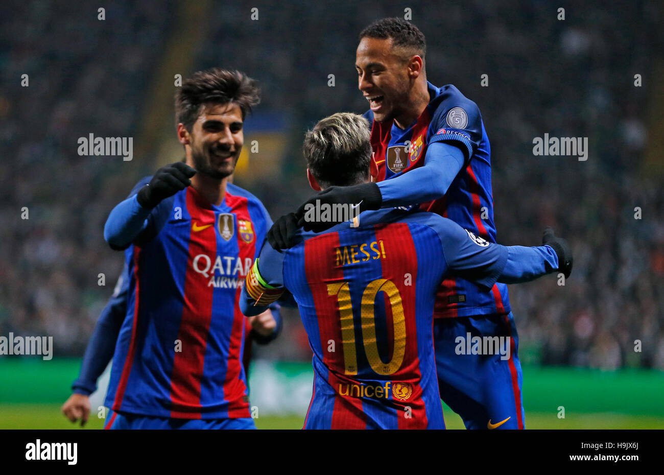 Barcelona's Lionel Messi celebrates scoring his sides opening goal with ...