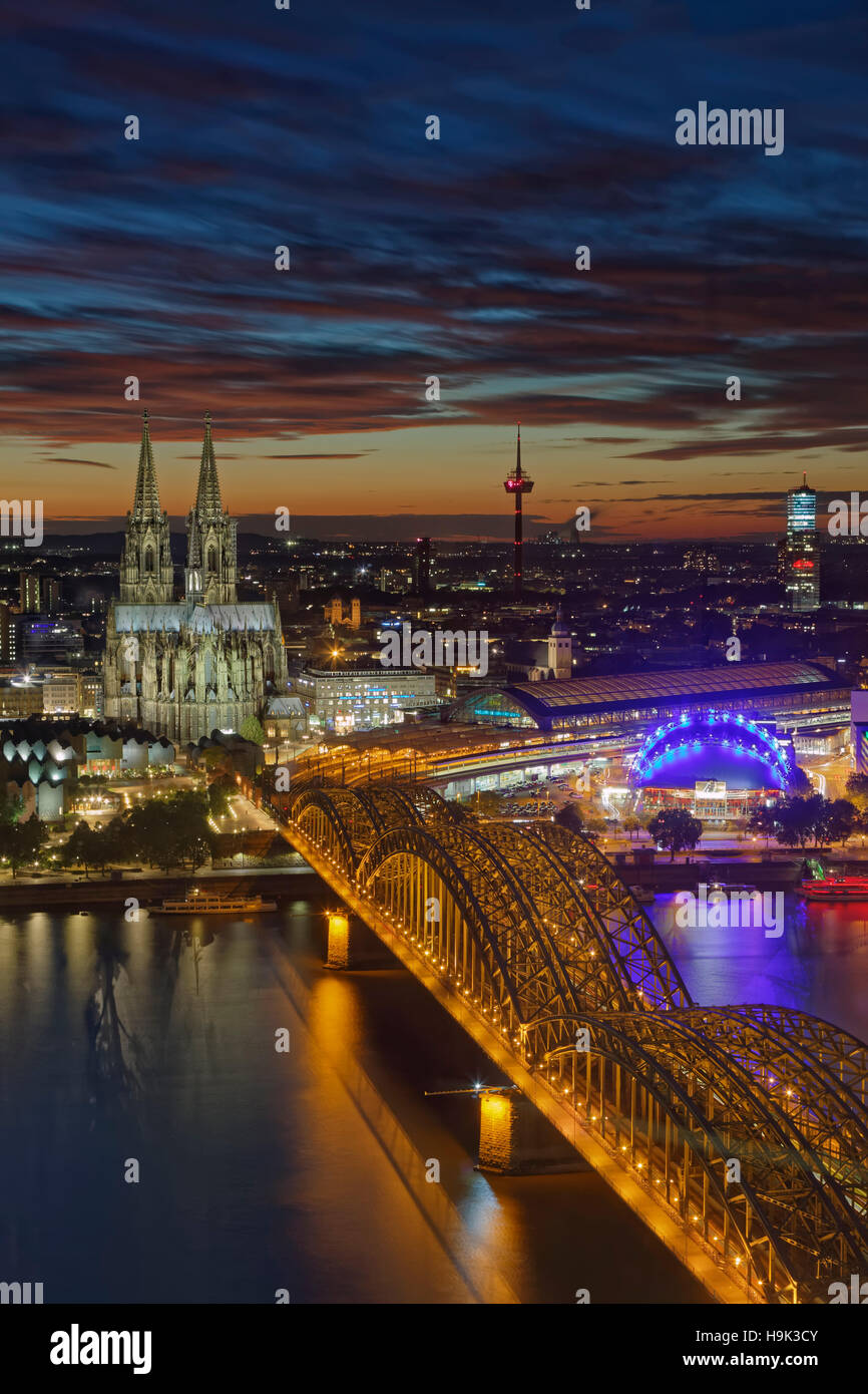 Germany, Cologne, view to the lighted city at evening twilight Stock ...