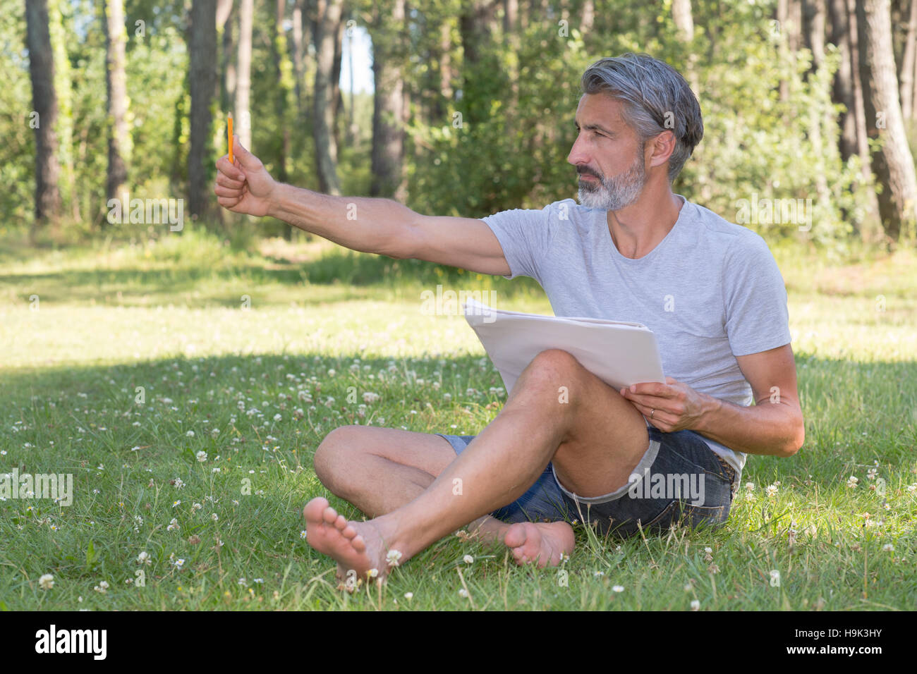 handsome man painting a spring landscape Stock Photo - Alamy