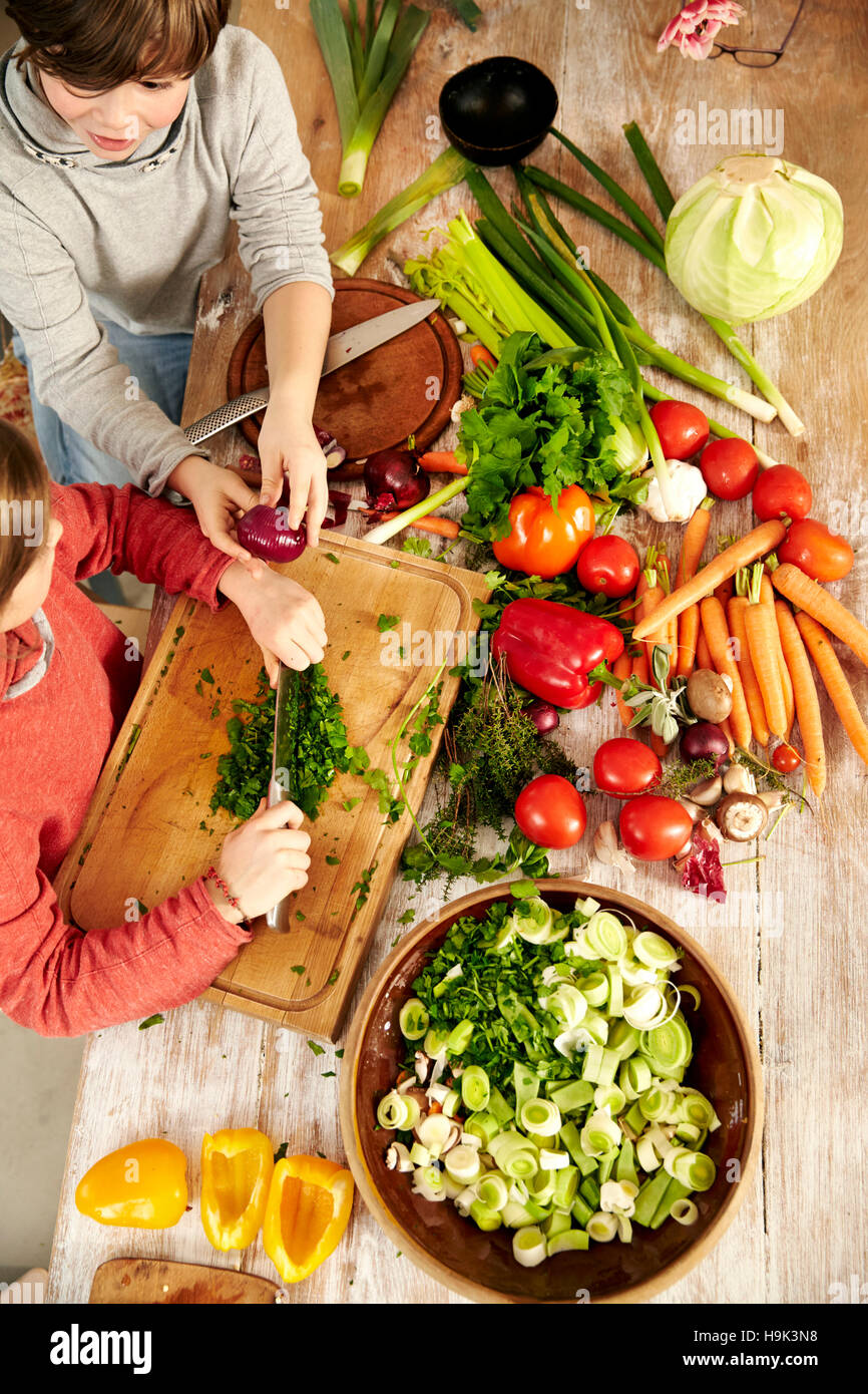 Boy and girl chopping vegetables in the kitchen, top view Stock Photo ...
