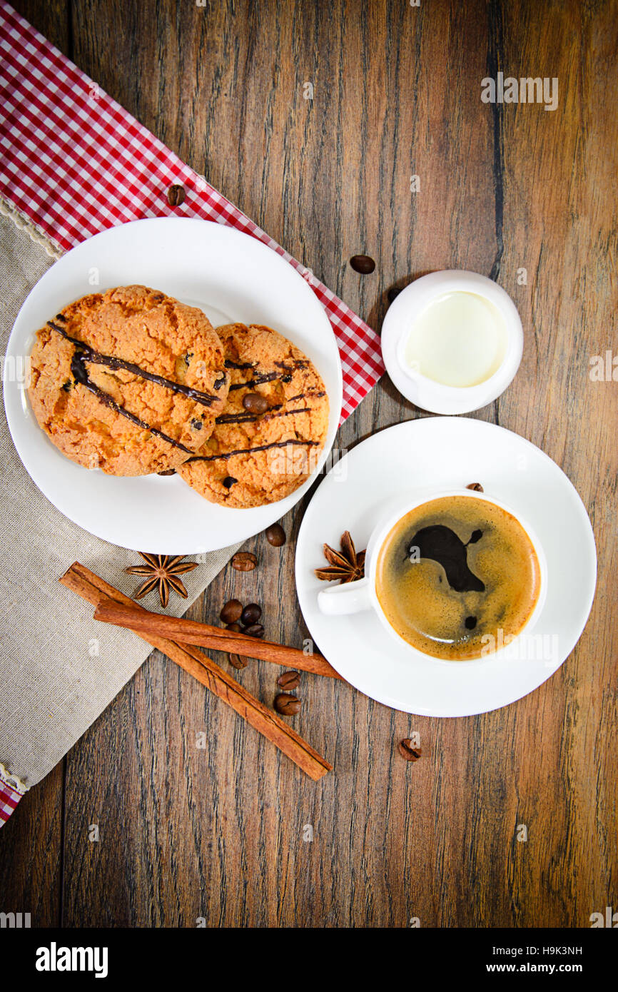 Coffee with Bakery on Woody Retro Background. Studio Photo Stock Photo ...