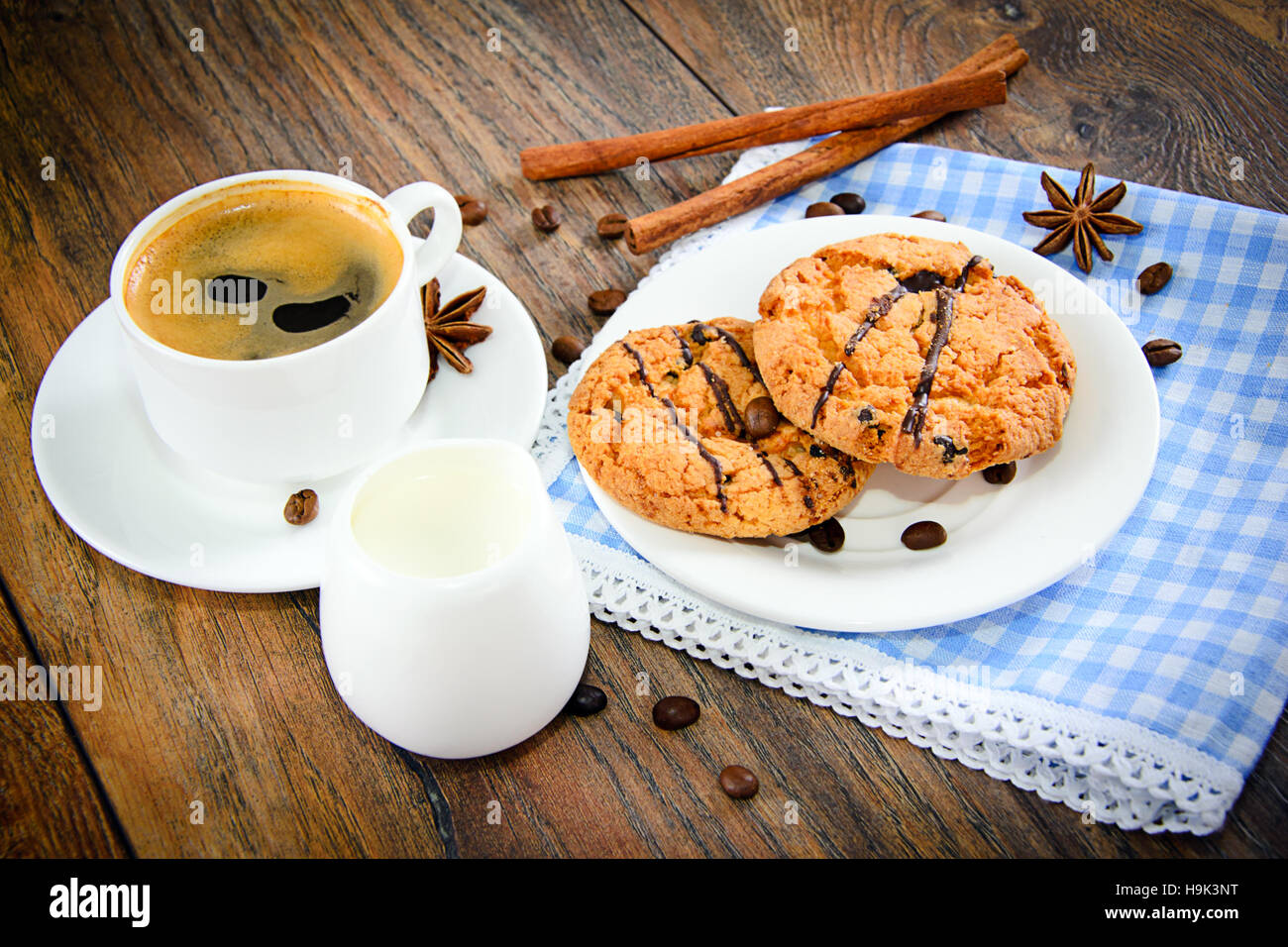 Coffee with Bakery on Woody Retro Background. Studio Photo Stock Photo ...