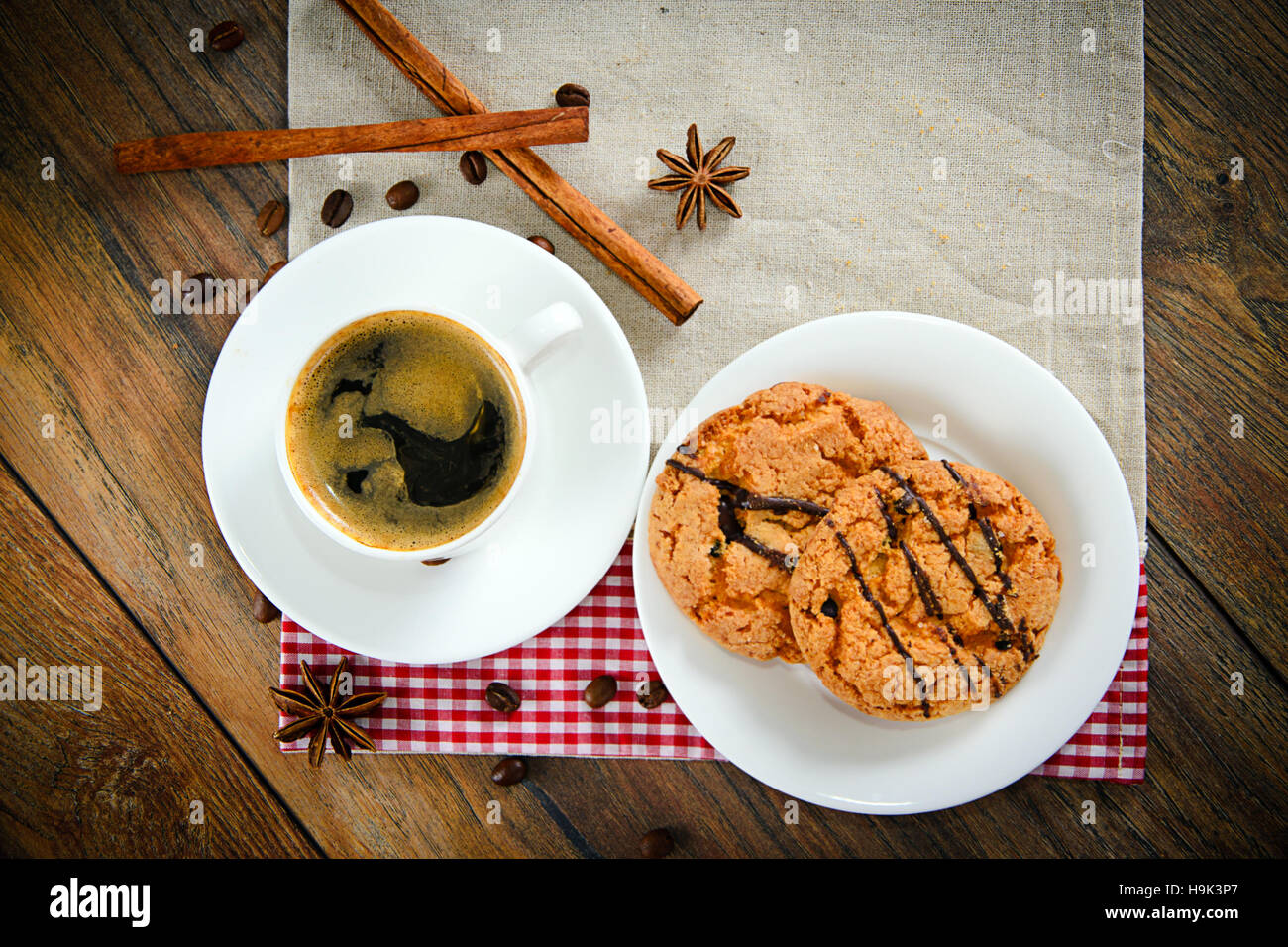 Coffee with Bakery on Woody Retro Background. Studio Photo Stock Photo ...