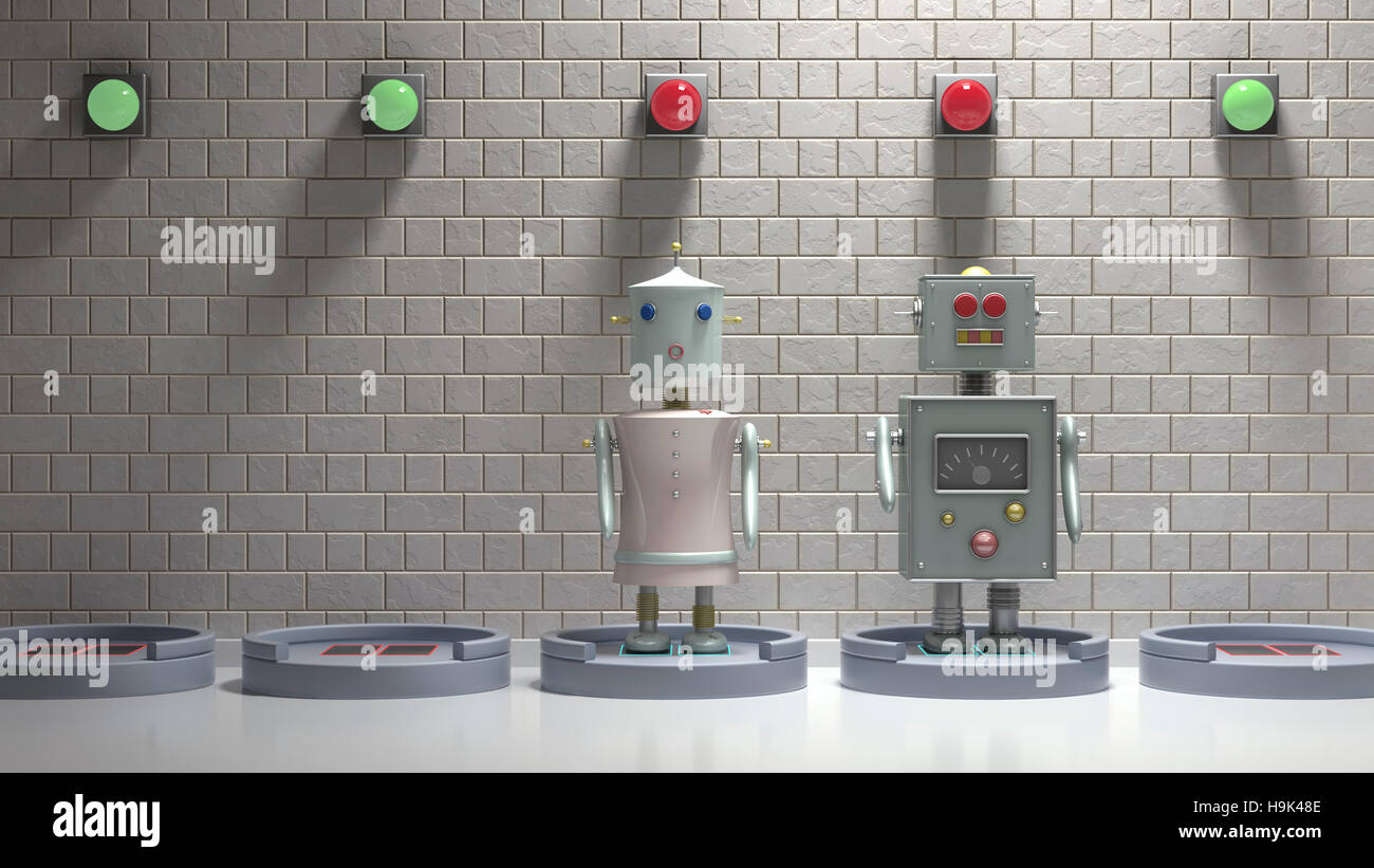 Robots on docking station, 3d rendering Stock Photo - Alamy