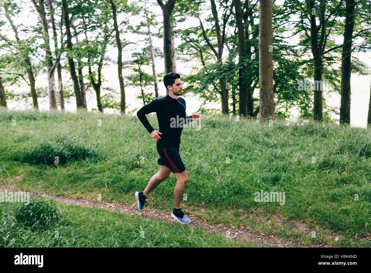 Man running on forest track Stock Photo - Alamy