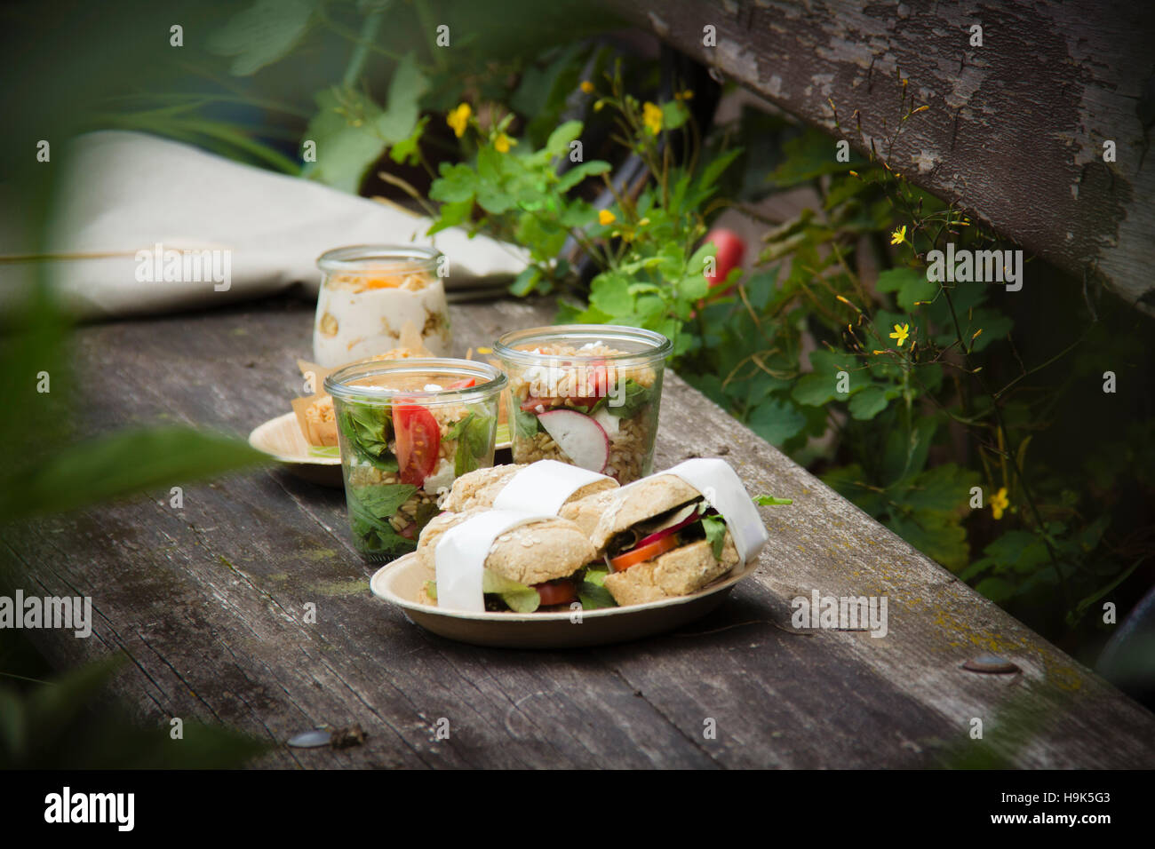 Picnic with vegetarian snacks on bench Stock Photo - Alamy