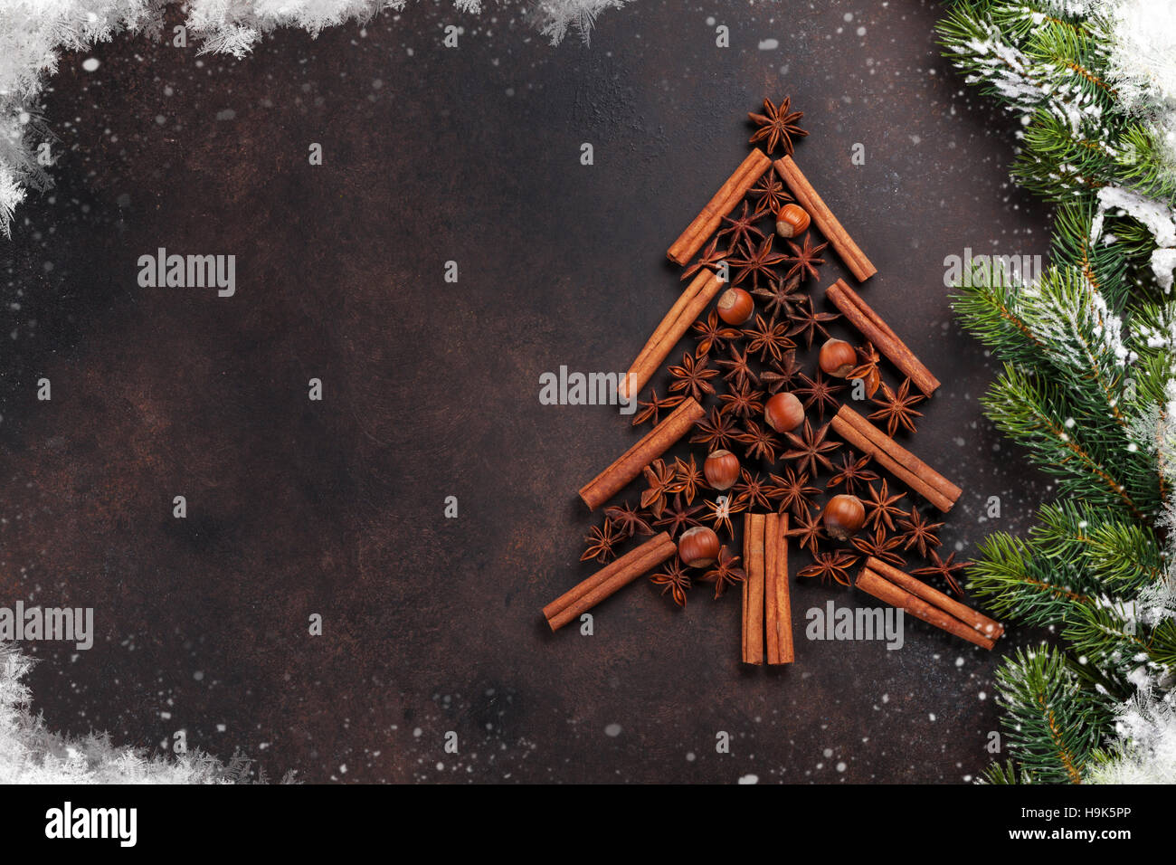 Anise and cinnamon spices christmas tree shape. Top view with copy ...