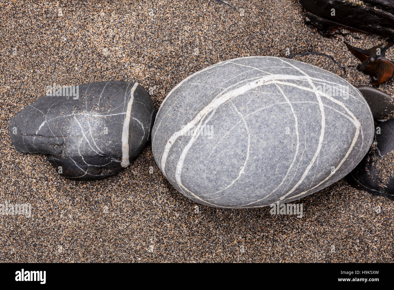 Quartz veined rocks and pebbles on The Strangles beach Stock Photo - Alamy