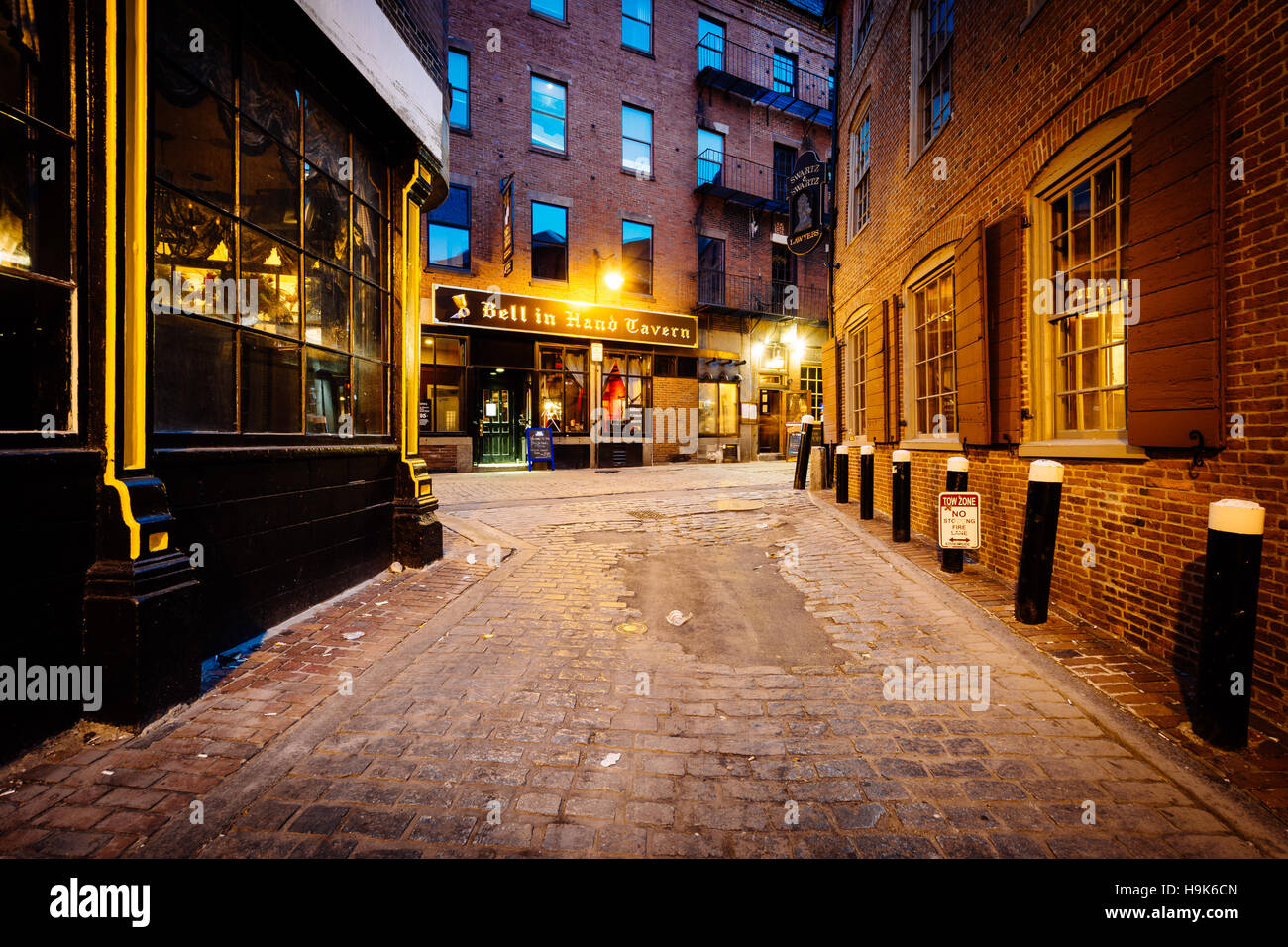The beautiful cobblestone Marshall Street at night, in Boston ...