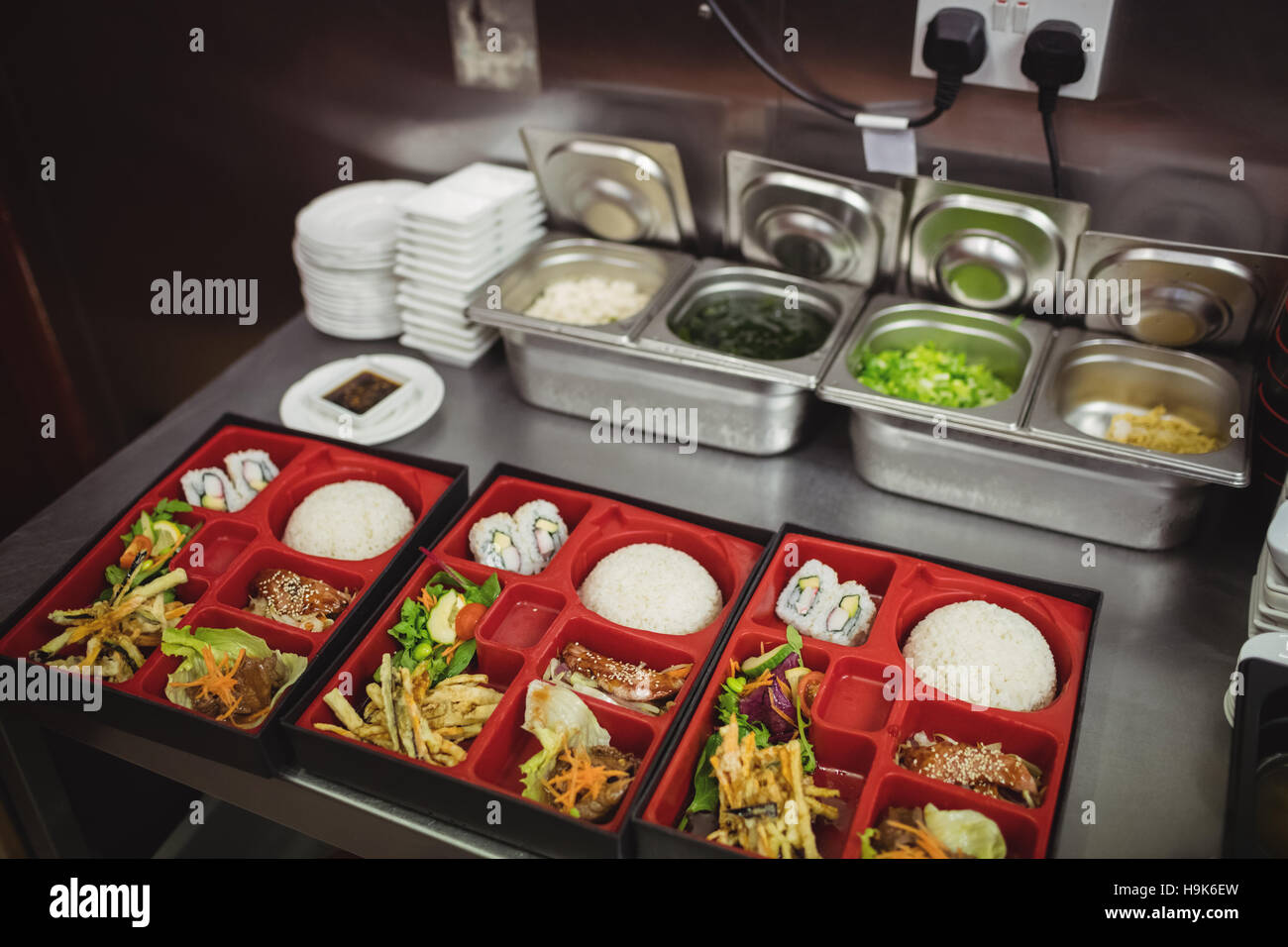 Close-up of various food in tray plate Stock Photo - Alamy
