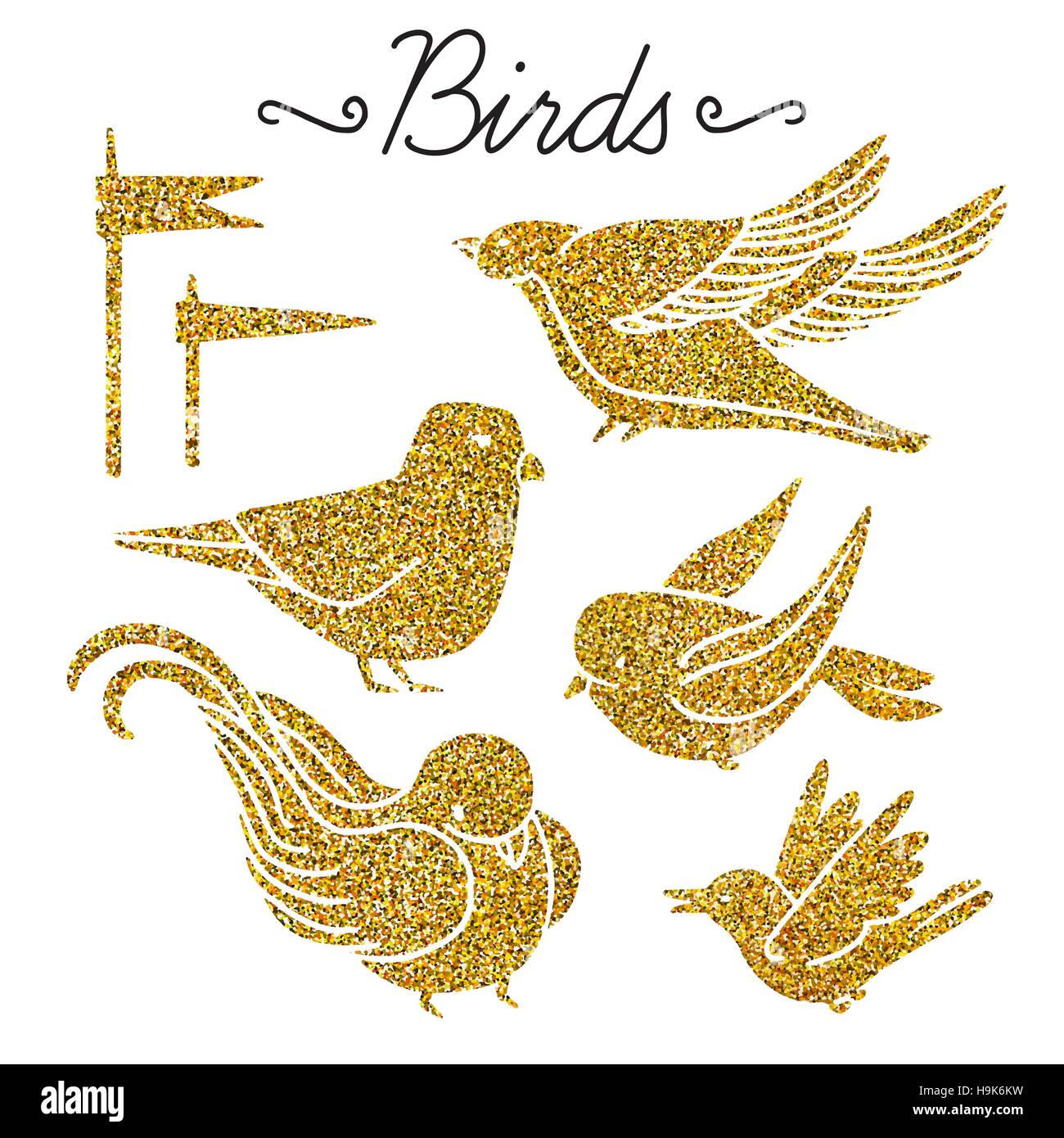 Vector. Set of random birds with gold glitter isolated on white ...