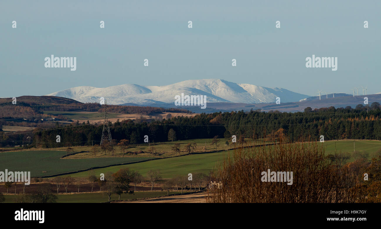 Snow-capped mountains of the Angus Glens behind the Sidlaw hills in ...
