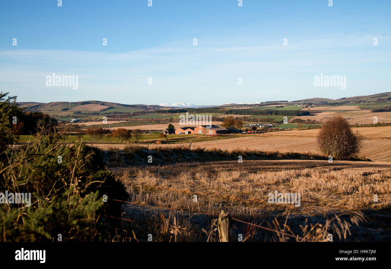 Snow-capped mountains of the Angus Glens behind the Sidlaw hills in ...