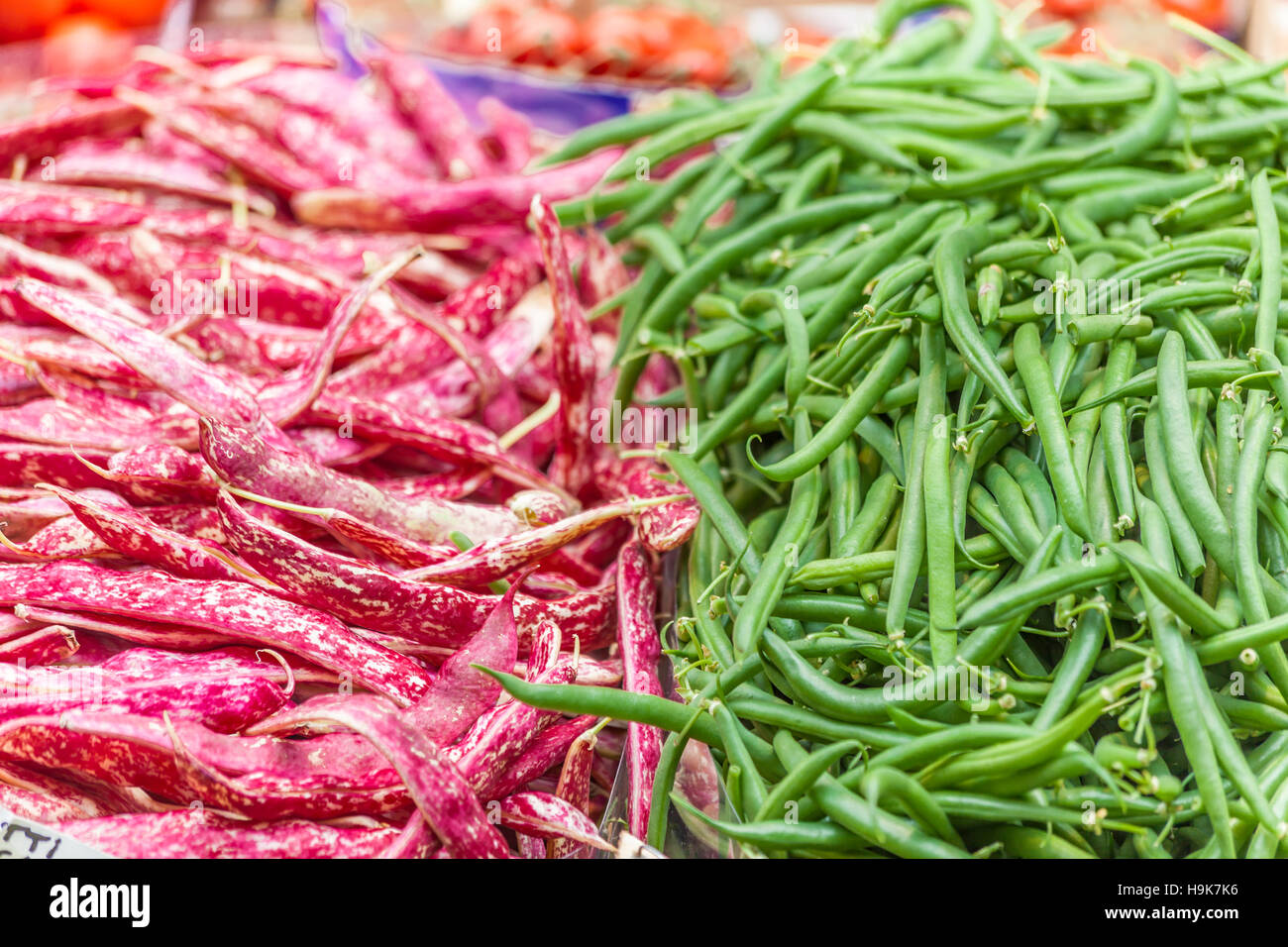 Red and green beans on the market in the old town of Bolzano, South ...