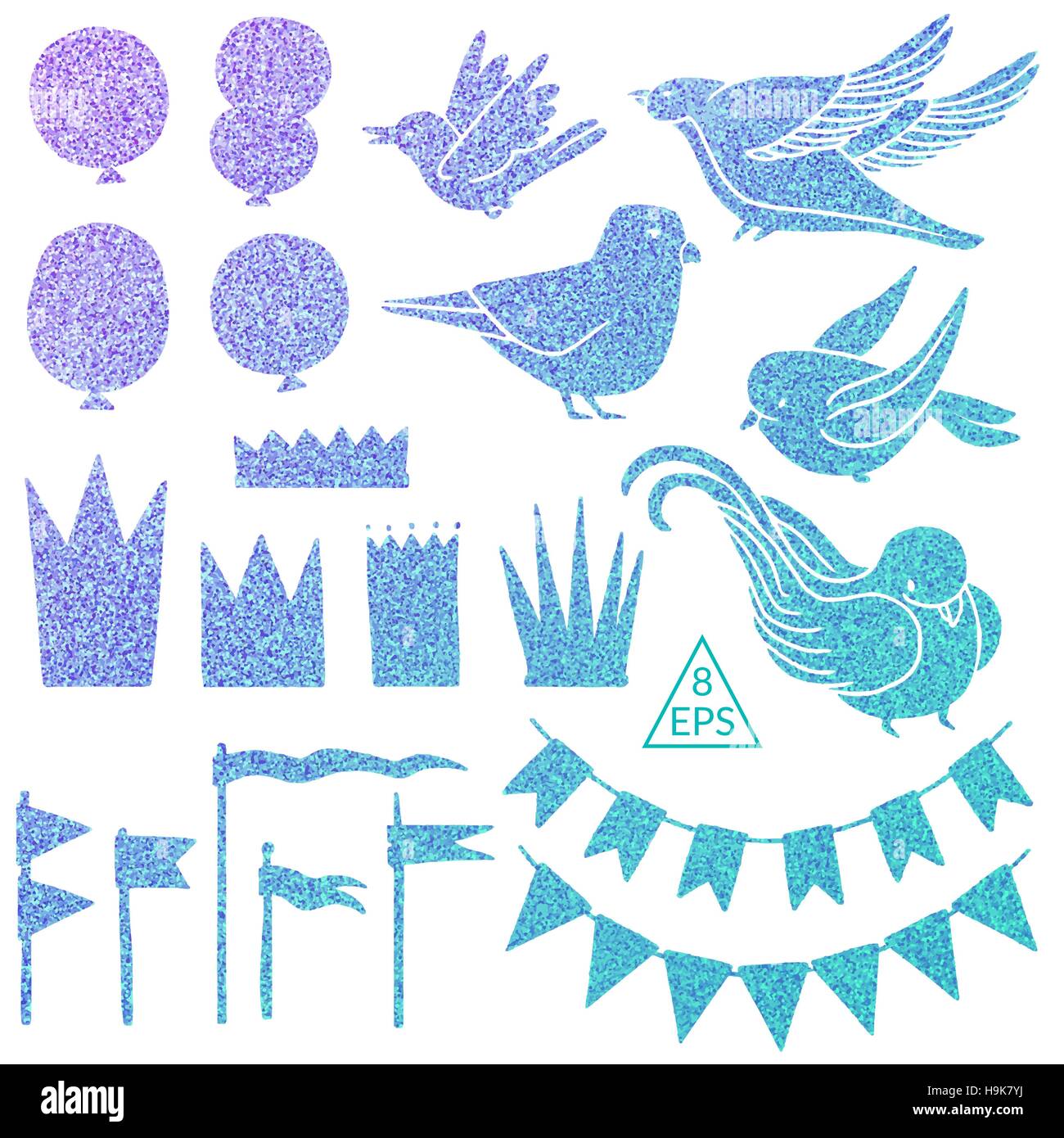 Vector. Set of party elements with colorful glitter isolated on white ...