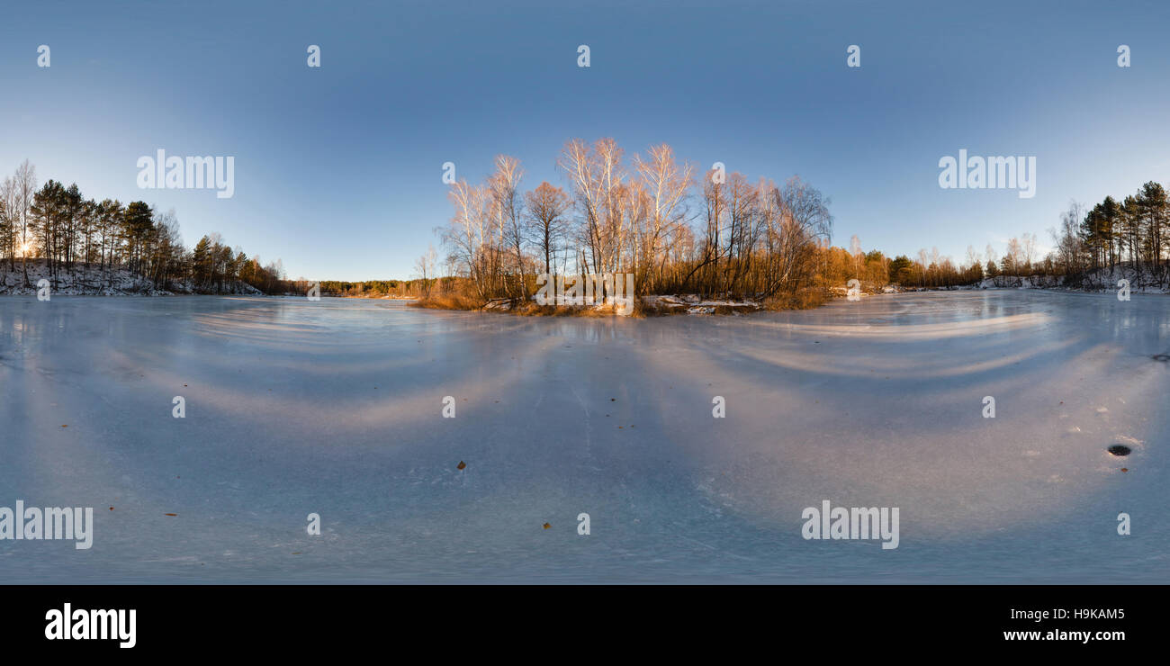 Equidistant 360 degrees panorama of a frozen lake in winter forest ...