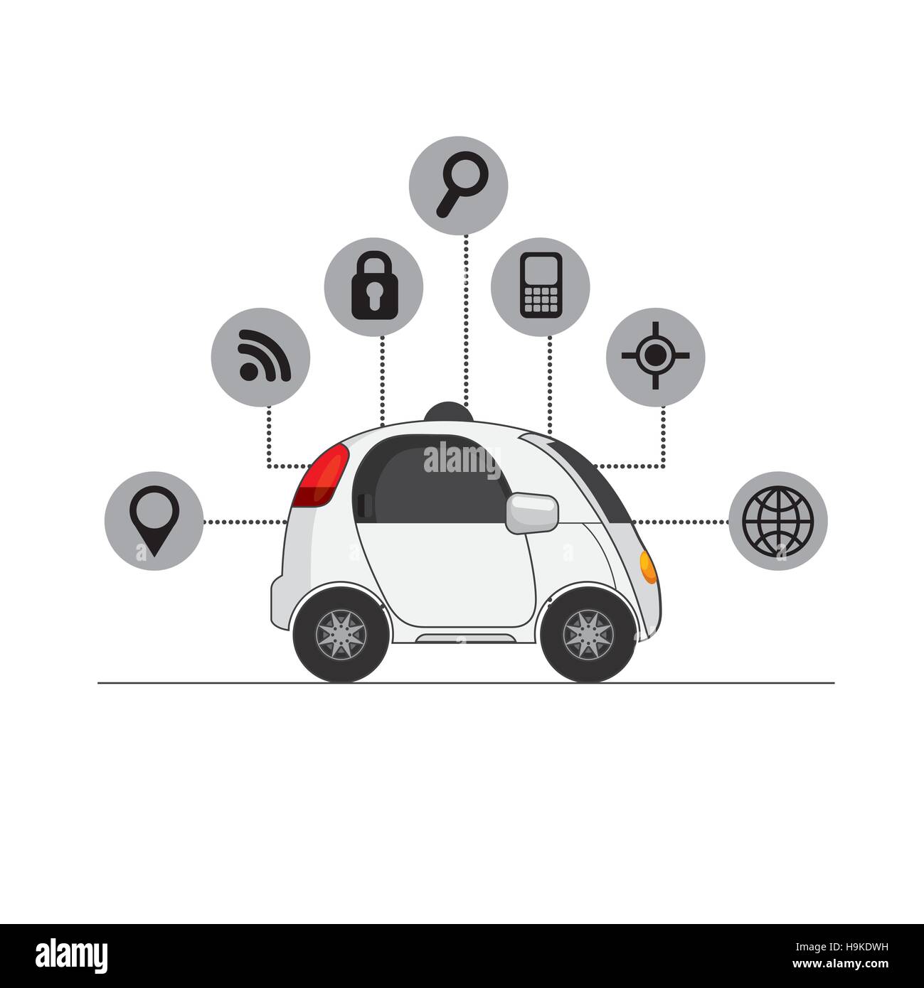 autonomous car vehicle with navigation icons around over white ...