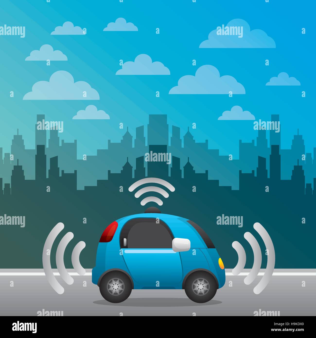 autonomous car vehicle with wireless waves over city background ...