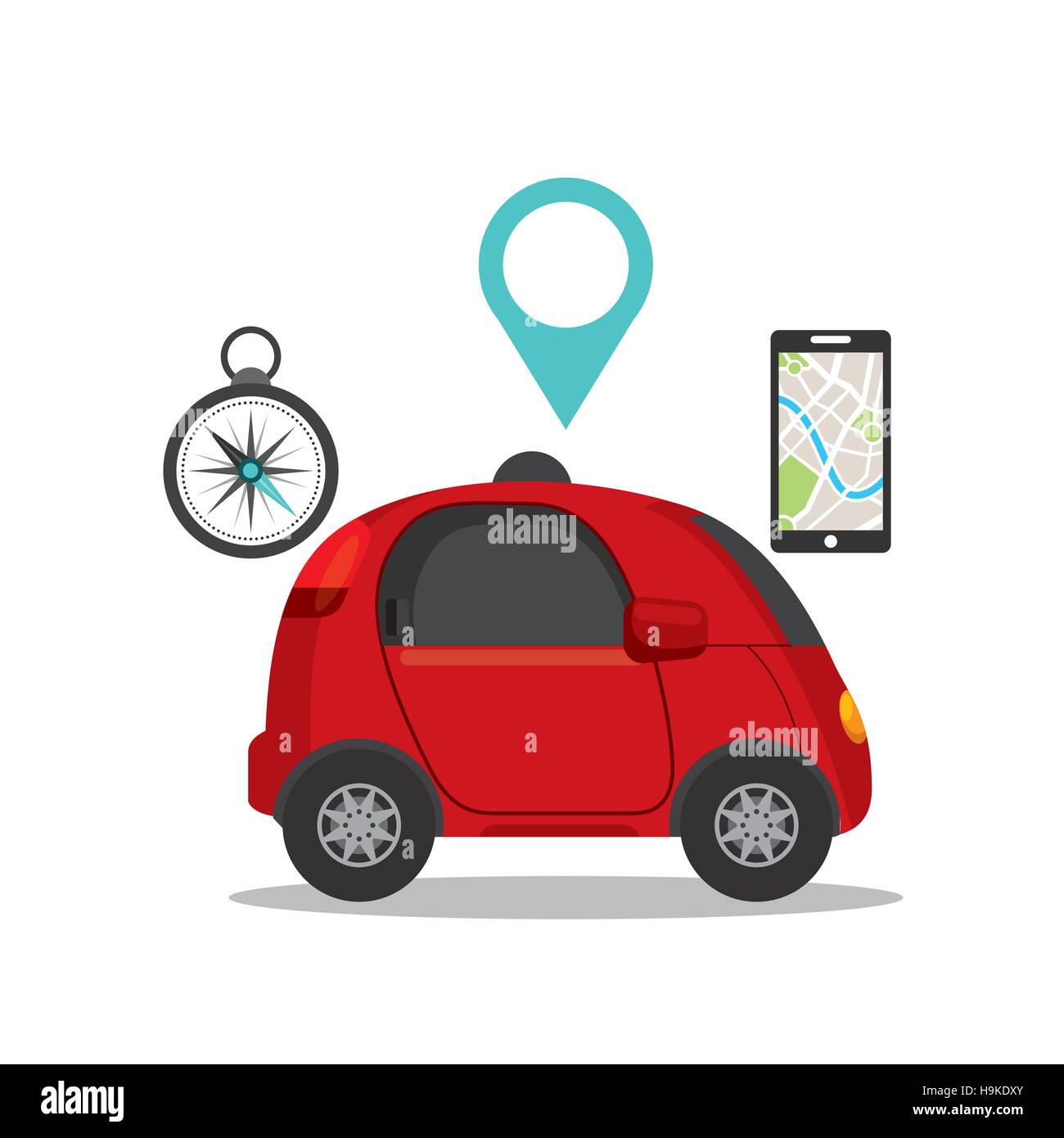 autonomous car vehicle with navigation icons around over white ...