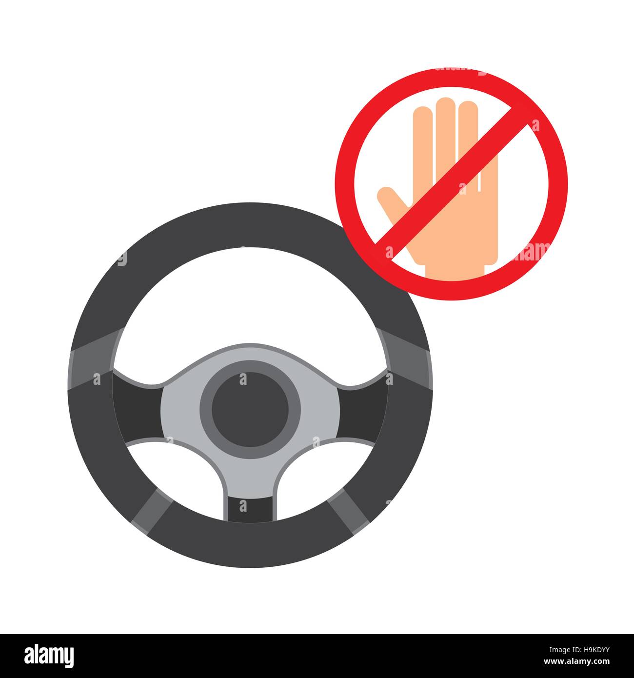 steering wheel and forbidden sign of not touch over white background ...