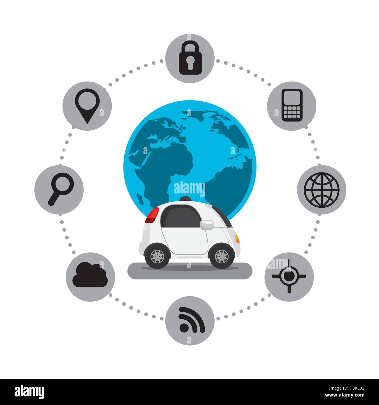 autonomous car vehicle and earth planet with navigation icons around ...