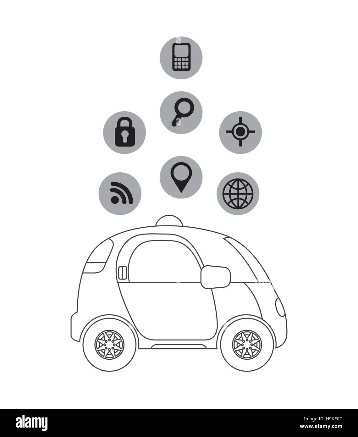 silhouette of autonomous car vehicle with navigation icons around over ...