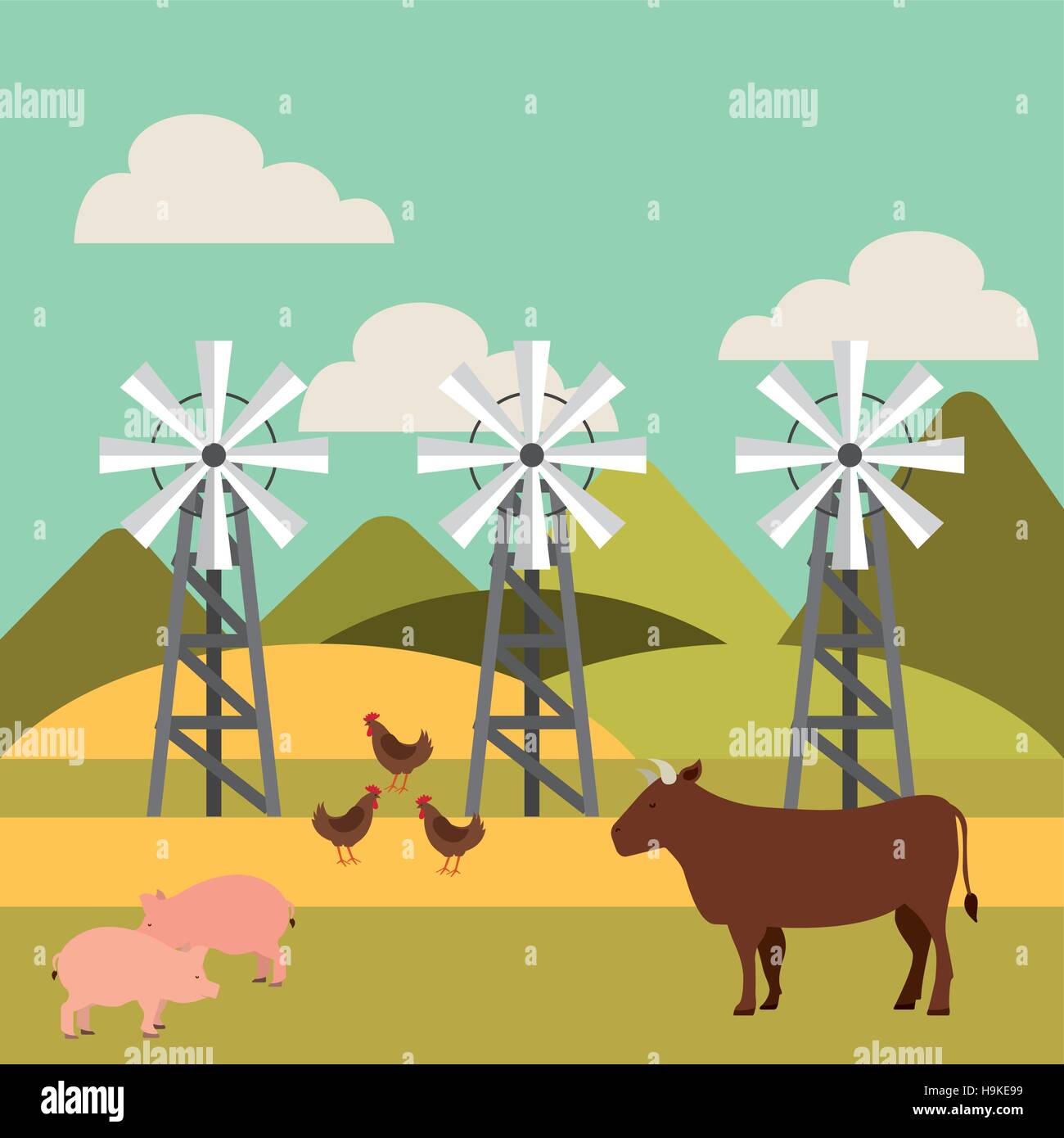 cow, pigs and chickens in farm landscape. colorful design. vector ...