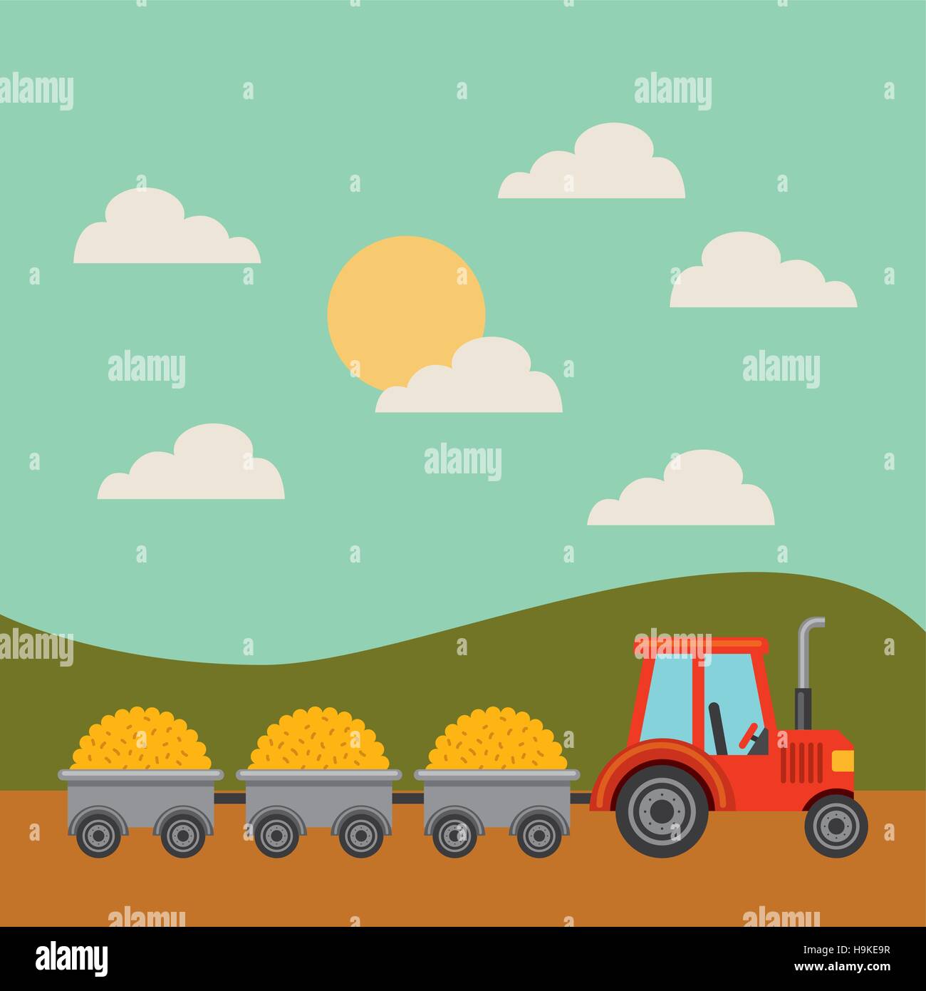 red tractor carrying corn in wagons on farm landscape. colorful design ...