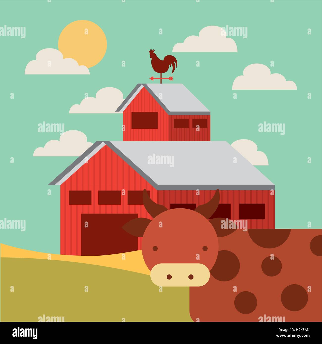 cartoon cow and red barn on farm landscape. colorful design. vector ...