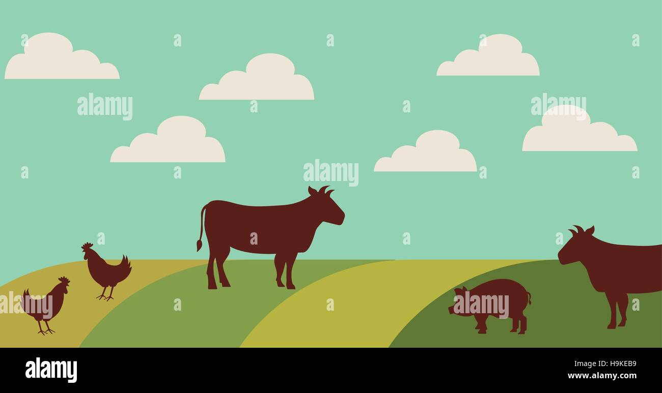 cow, pigs and chickens in farm landscape. colorful design. vector ...