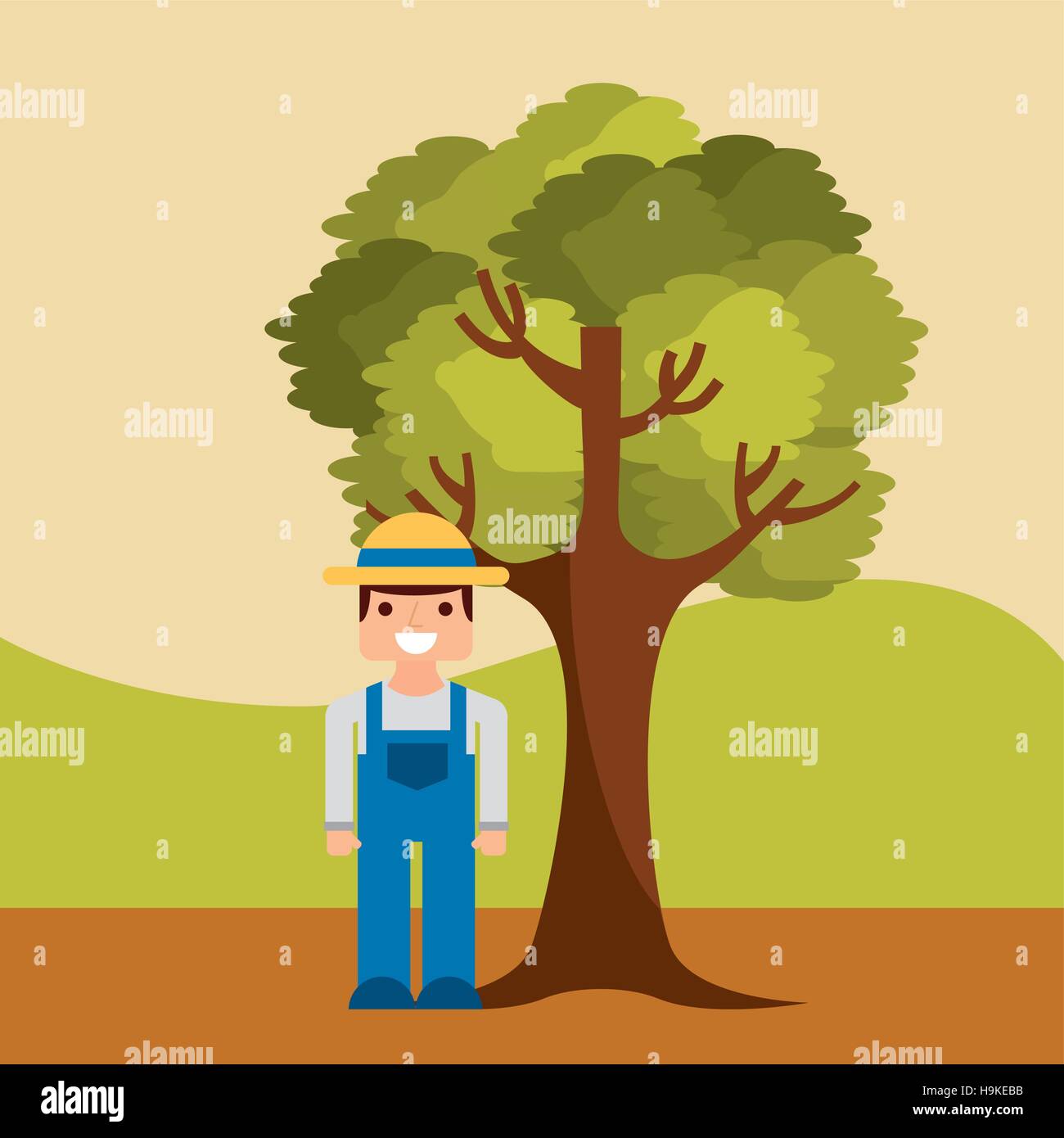 Farmer man happy tree farm nature vector illustration rural farmer hi ...