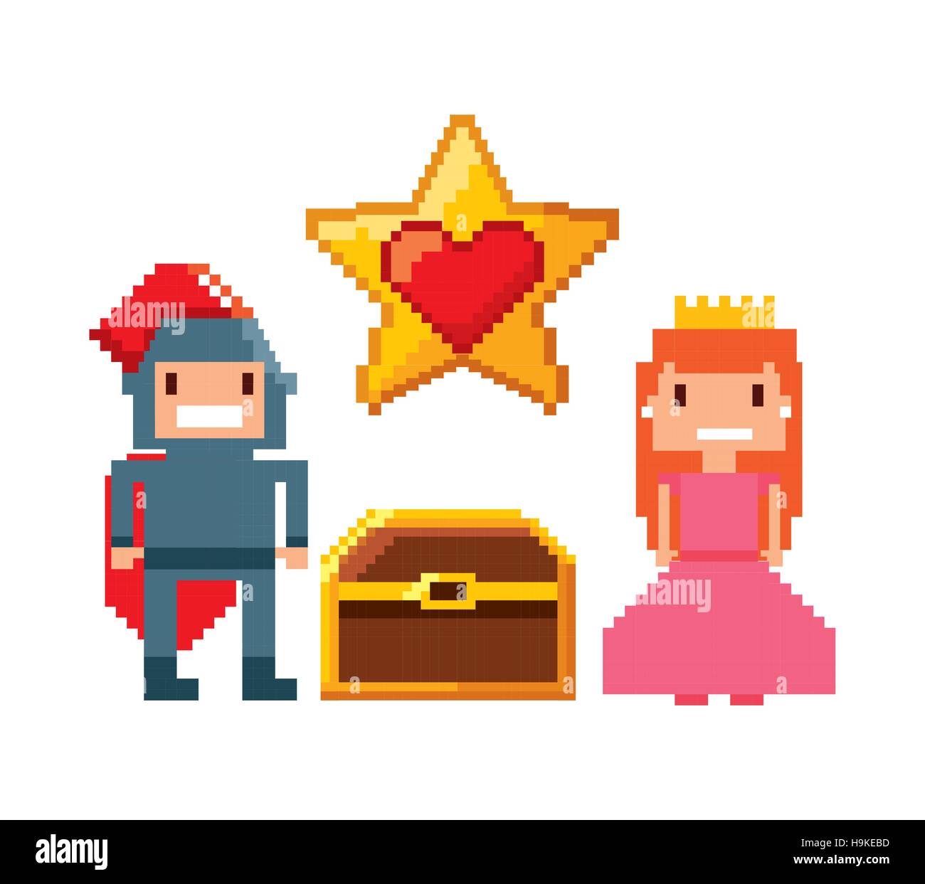 princess and knight characters and treasure over white background ...