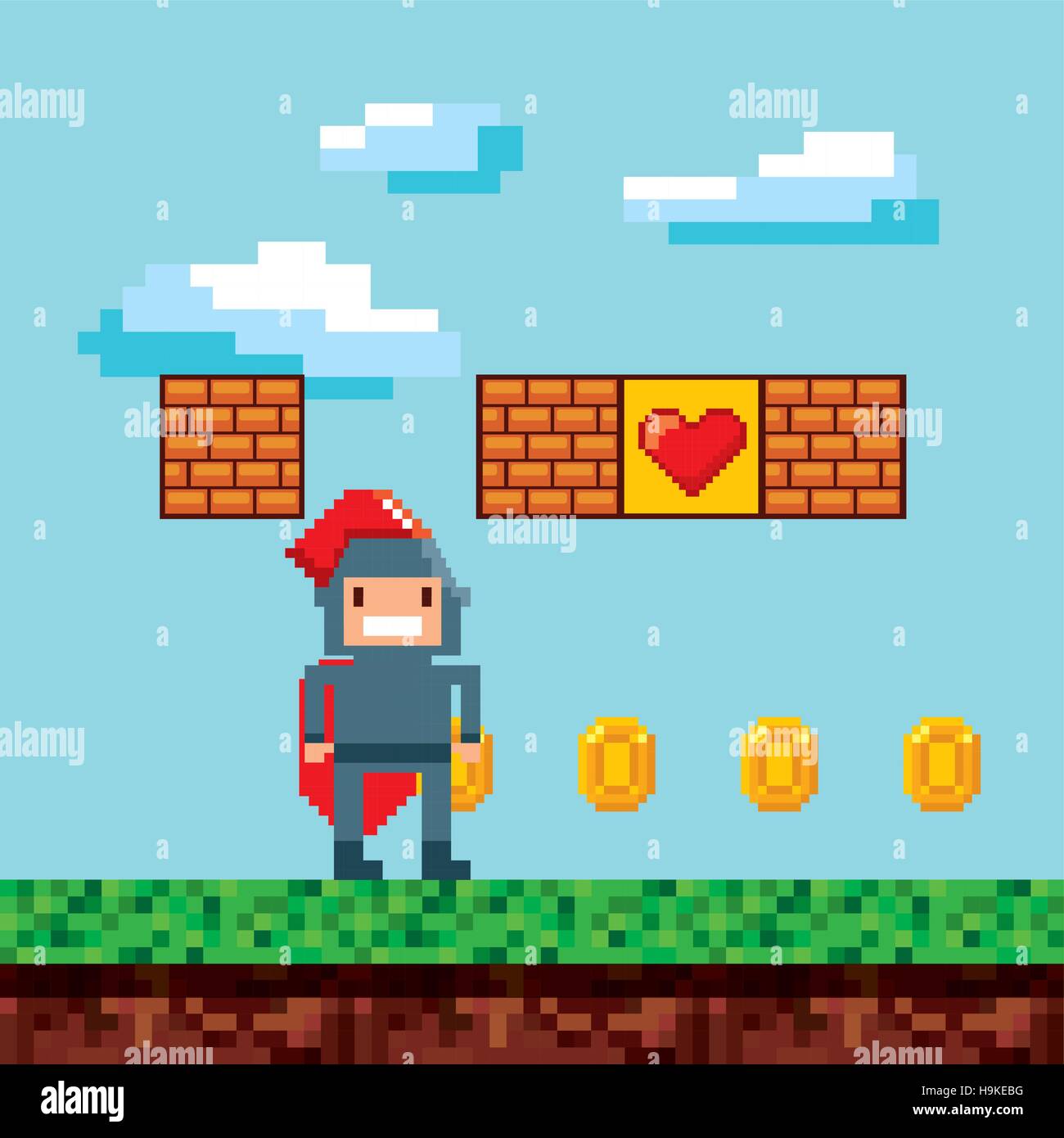 pixel knight character with gold coins over landscape background. video ...