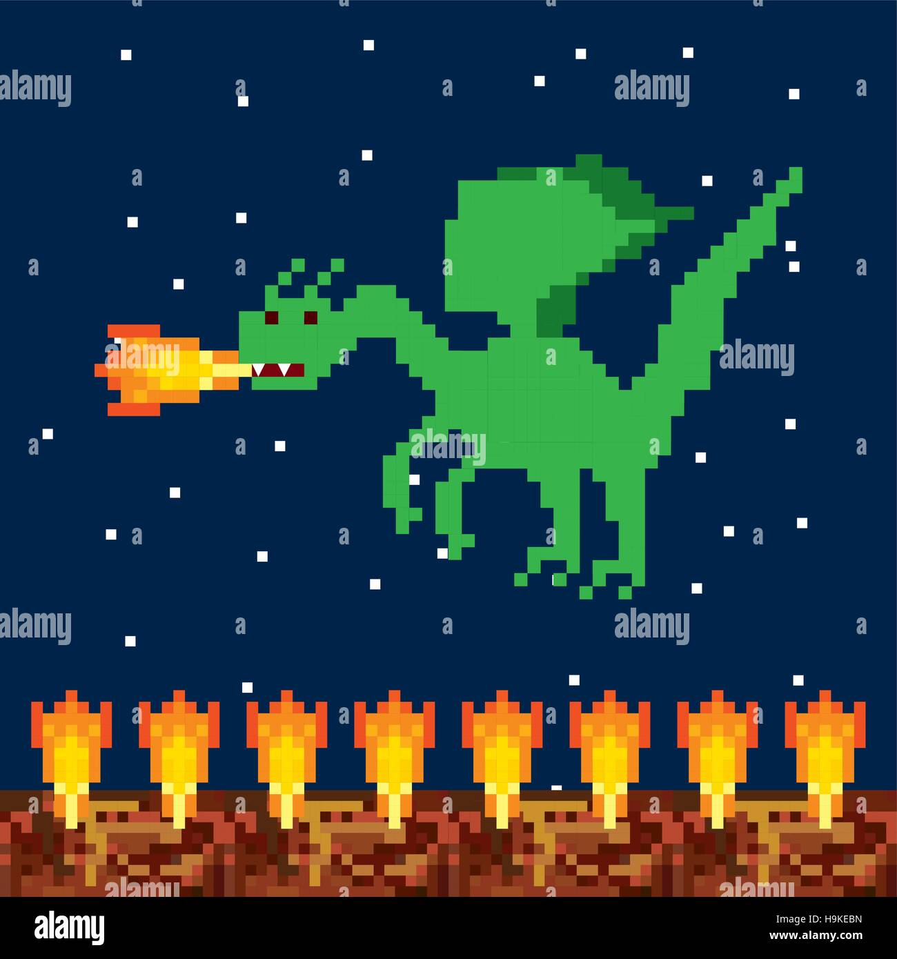 pixel dragon throwing fire over night landscape background. video game ...