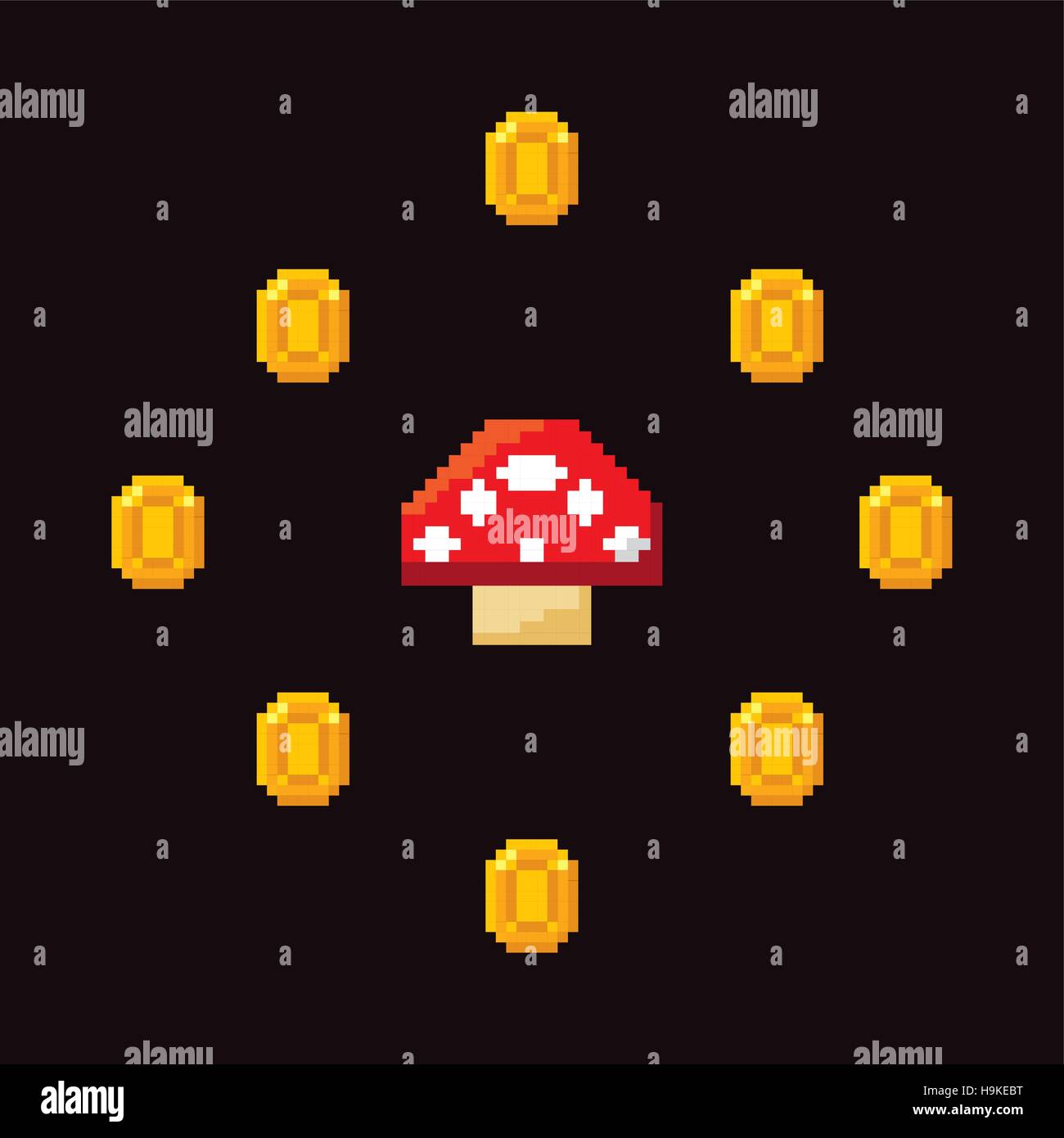 pixel fungus icon and gold coins around over white background. video ...